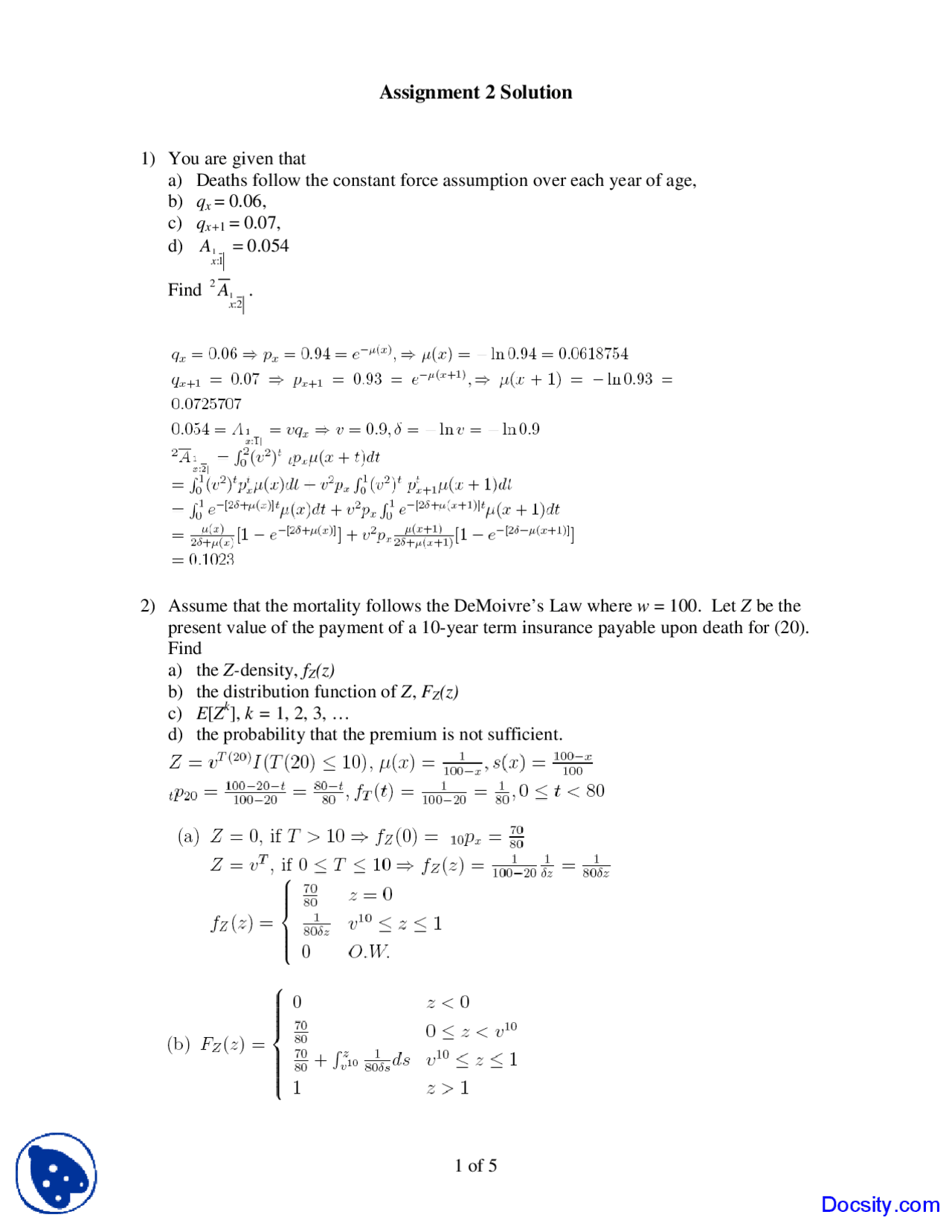Constant Force - Life Contingencies - Solved Assignment | Exercises ...
