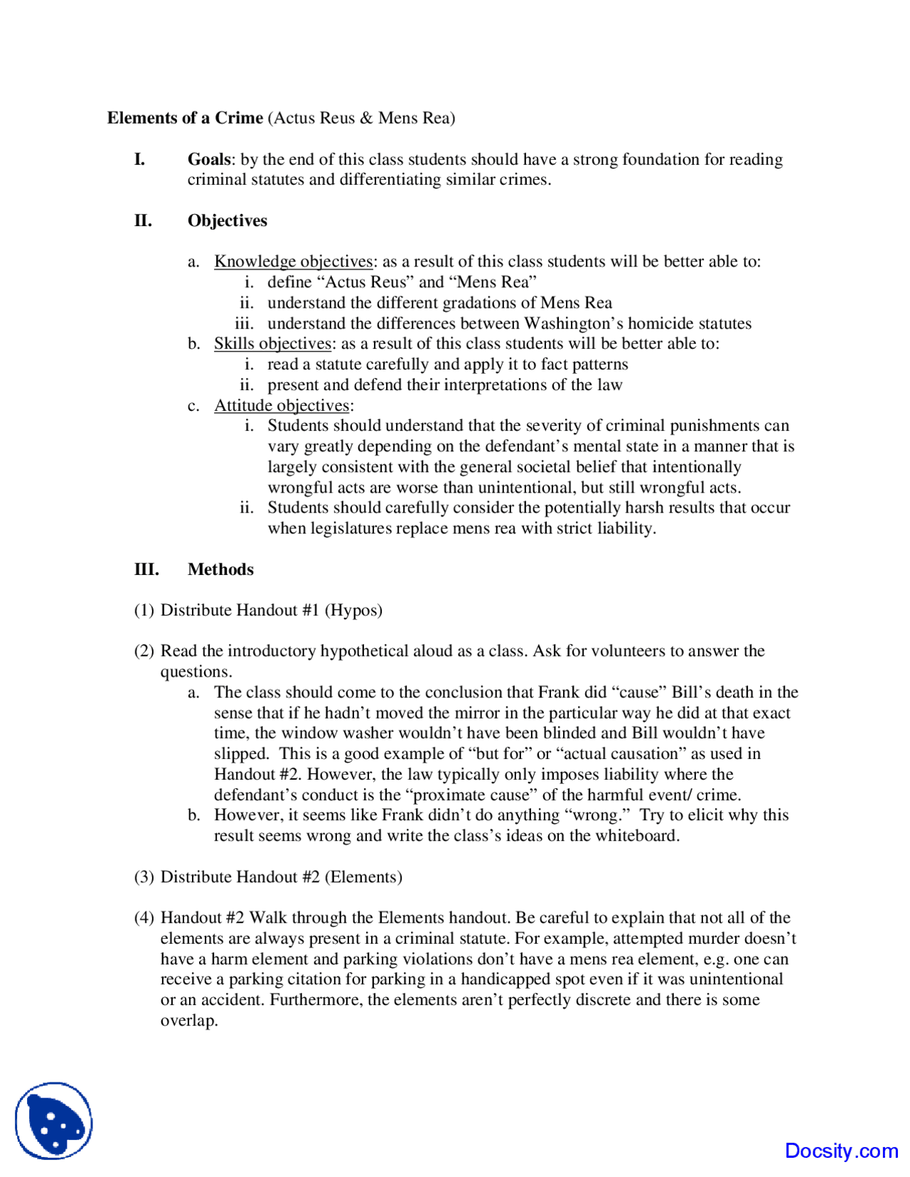 Elements of a Crime - Law of Criminal - Lecture Notes - Docsity