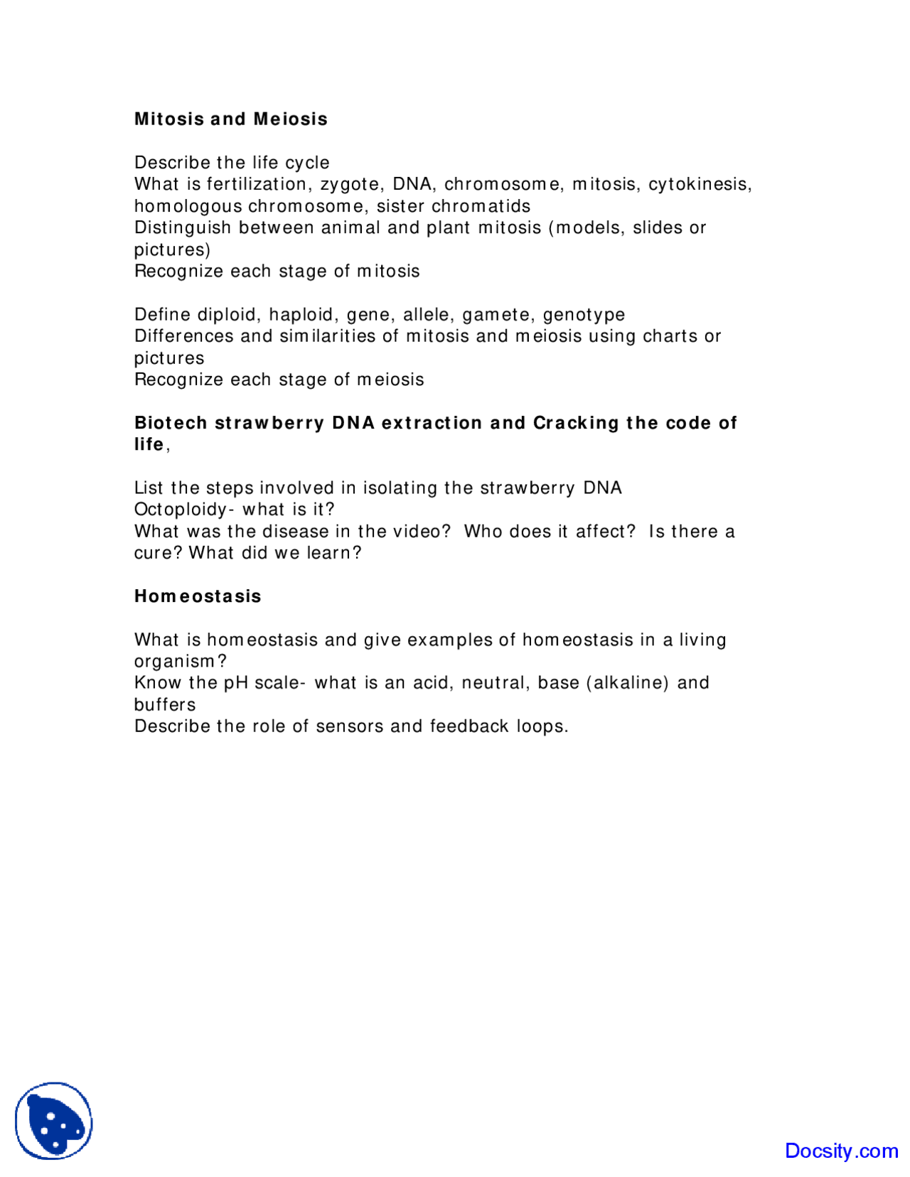 Mitosis and Meiosis - Basic Biology - Quiz - Docsity