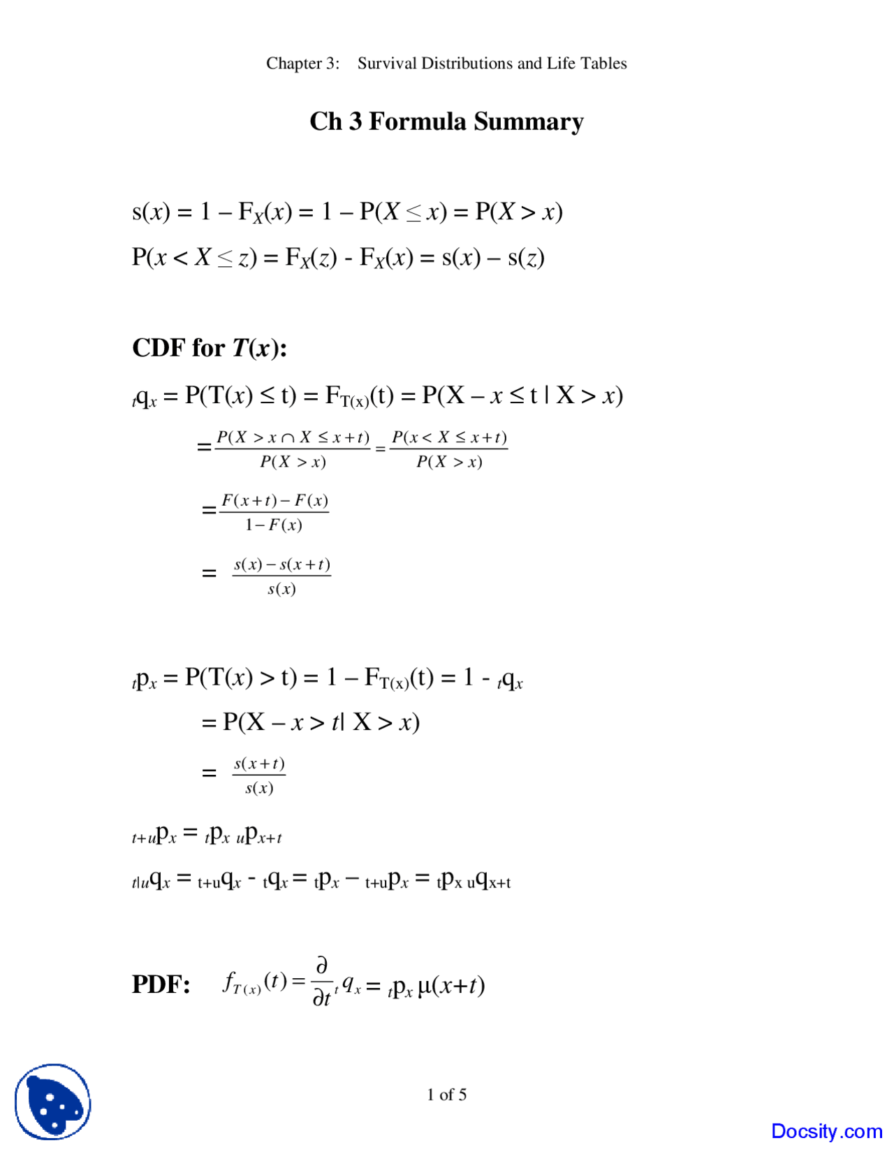 Formula Summary - Life Contingencies - Lecture Notes - Docsity