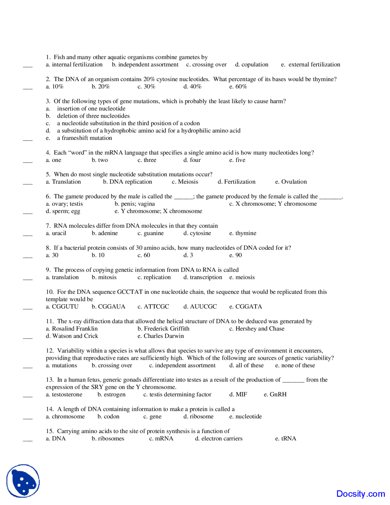 Types of Gene Mutations - Basic Biology - Quiz - Docsity