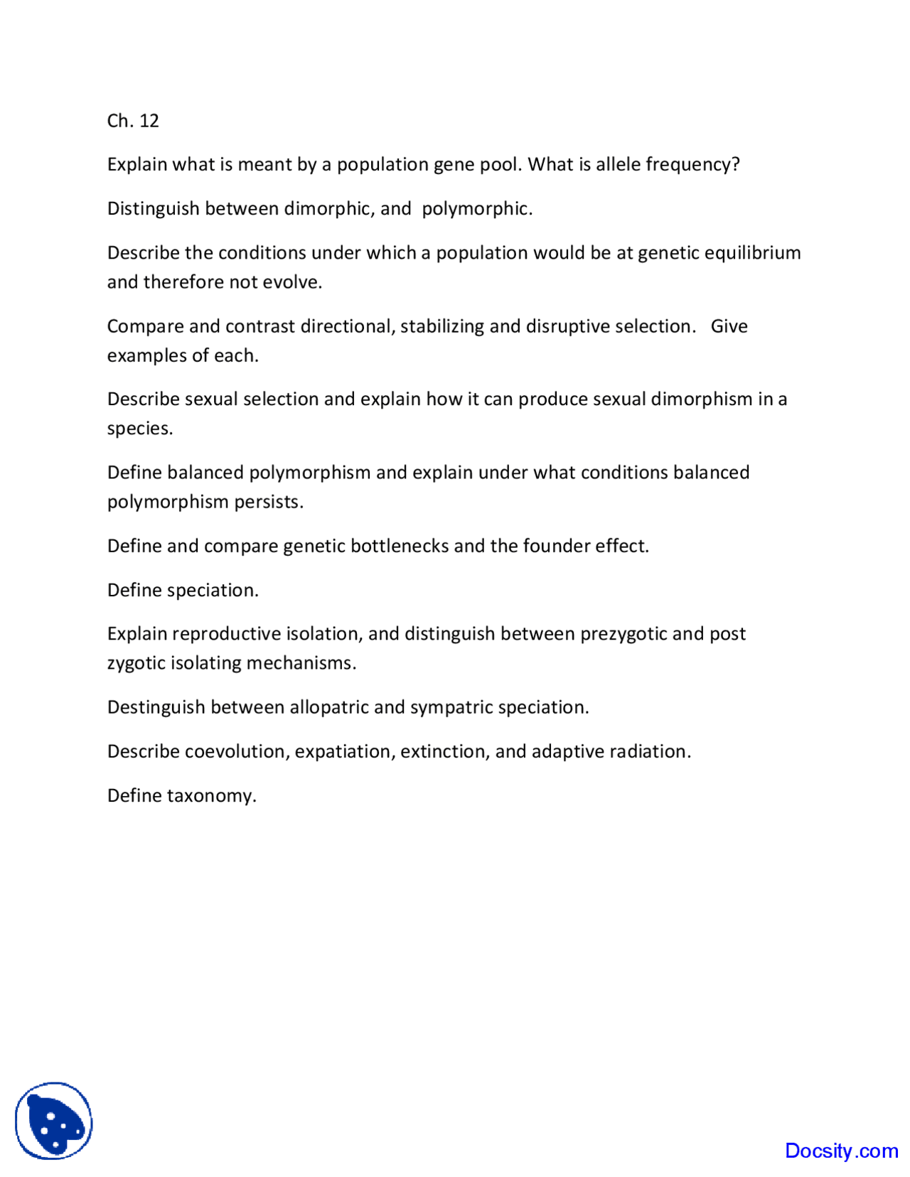 Population Gene Pool Basic Biology Quiz Docsity