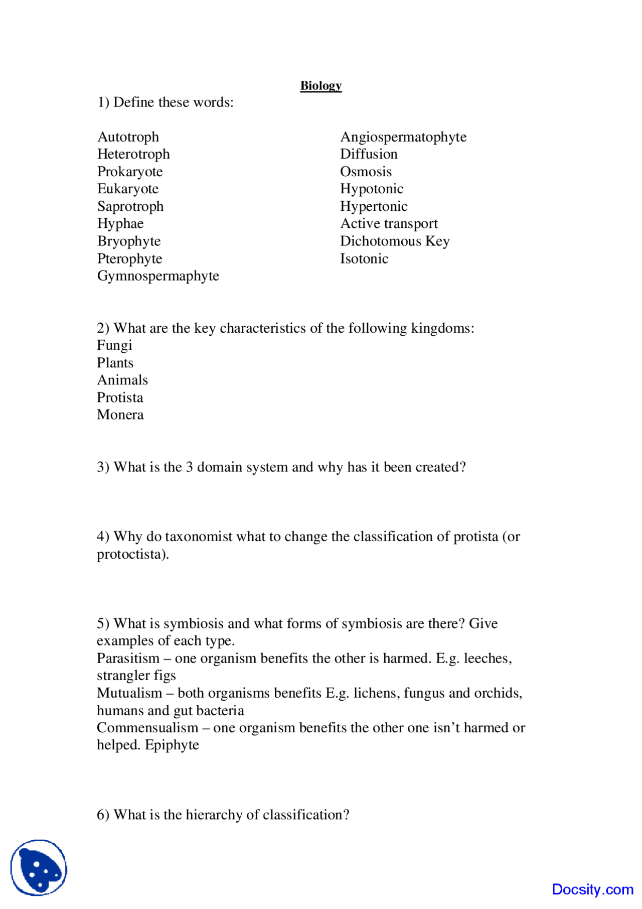Autotroph - Introductory Biology - Quiz - Docsity