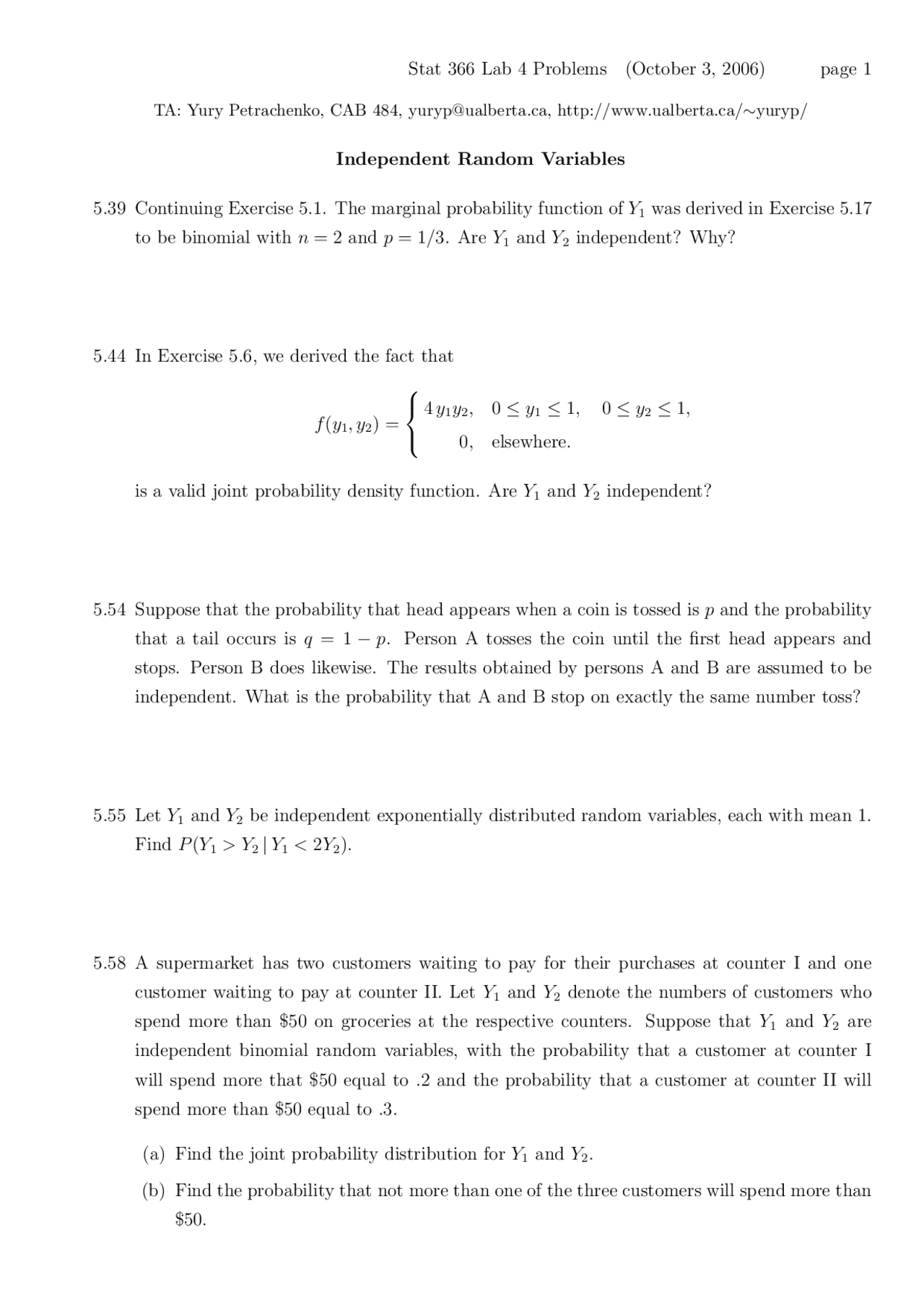 Independent Random Variables Introductory Statistics Lecture Notes Docsity