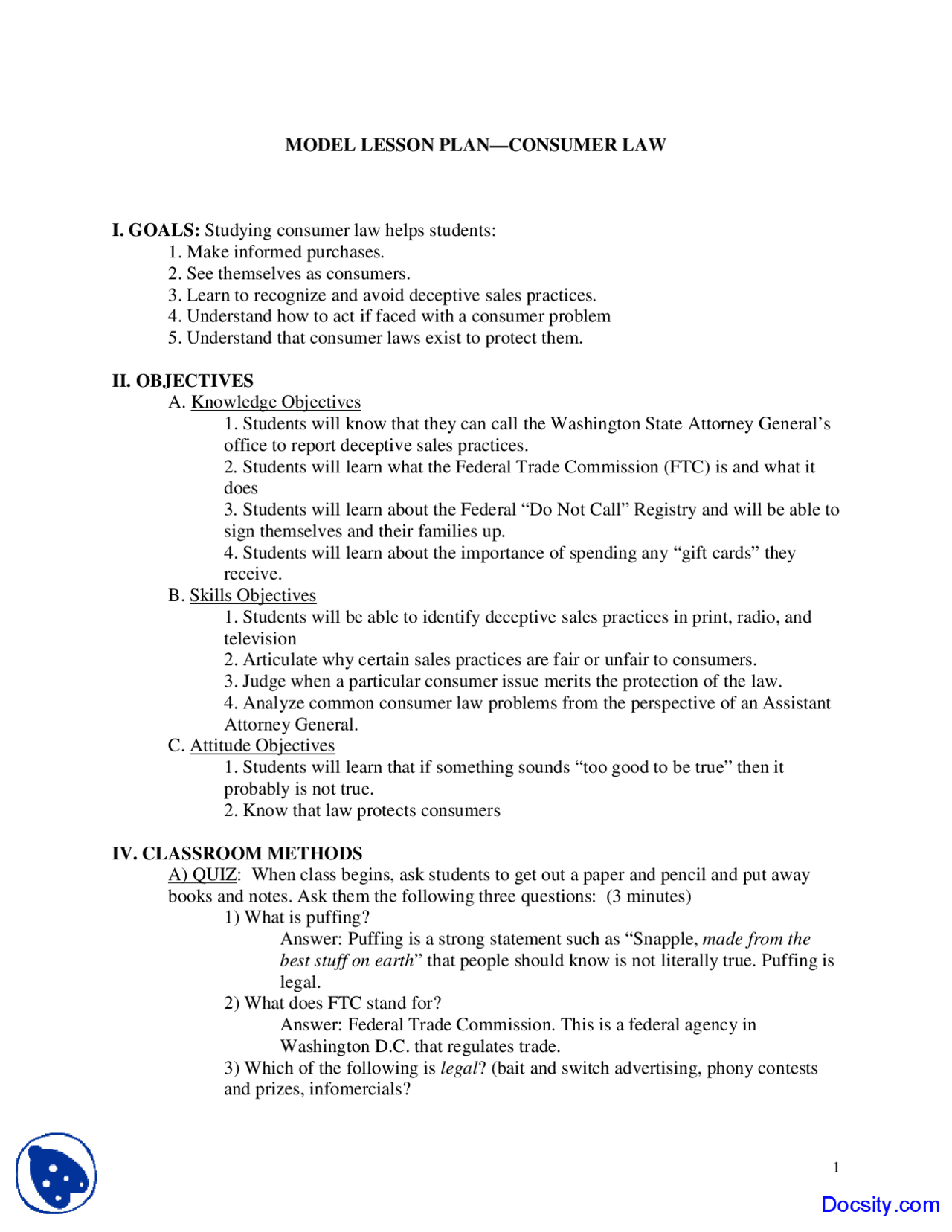 Model Lesson Plan Law Of Cosumer Lecture Notes Docsity