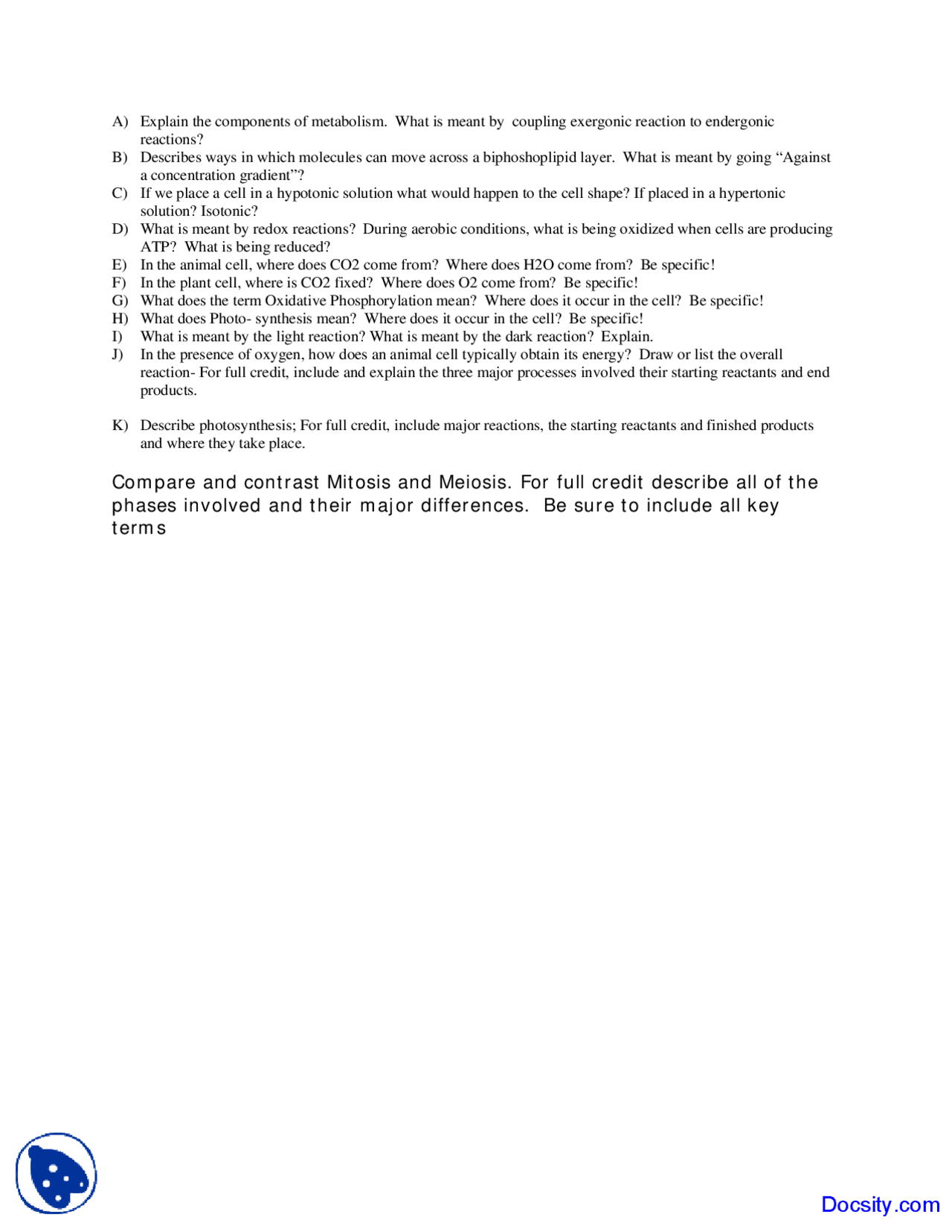 Components Of Metabolism Basic Biology Quiz Docsity