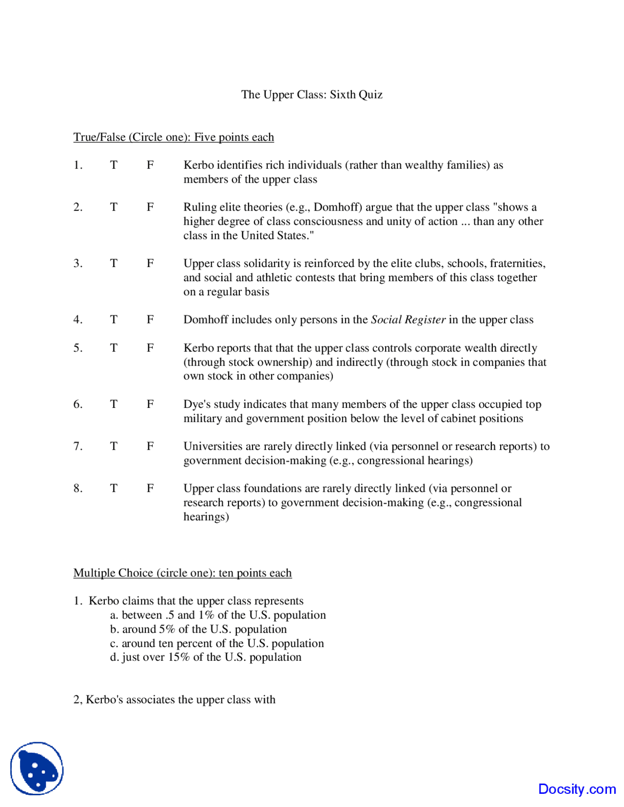 Upper Class Social Stratification Quiz Docsity