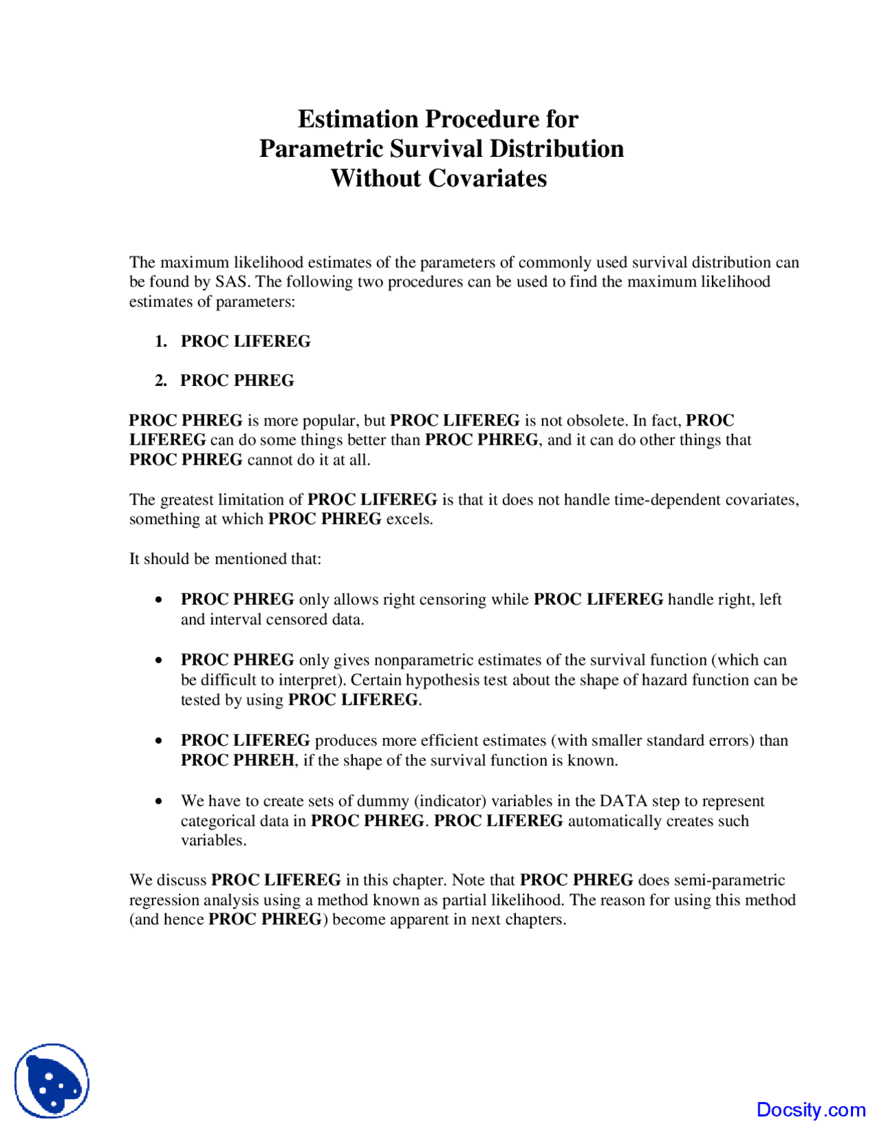 Parametric Survival Distribution Survival Analysis Lecture Notes