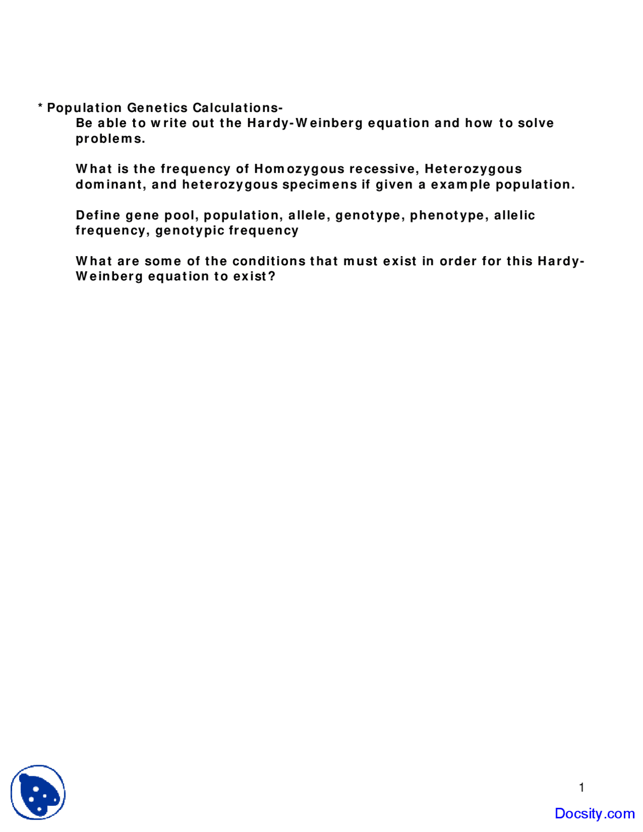 Population Genetics Calculations Basic Biology Quiz Docsity