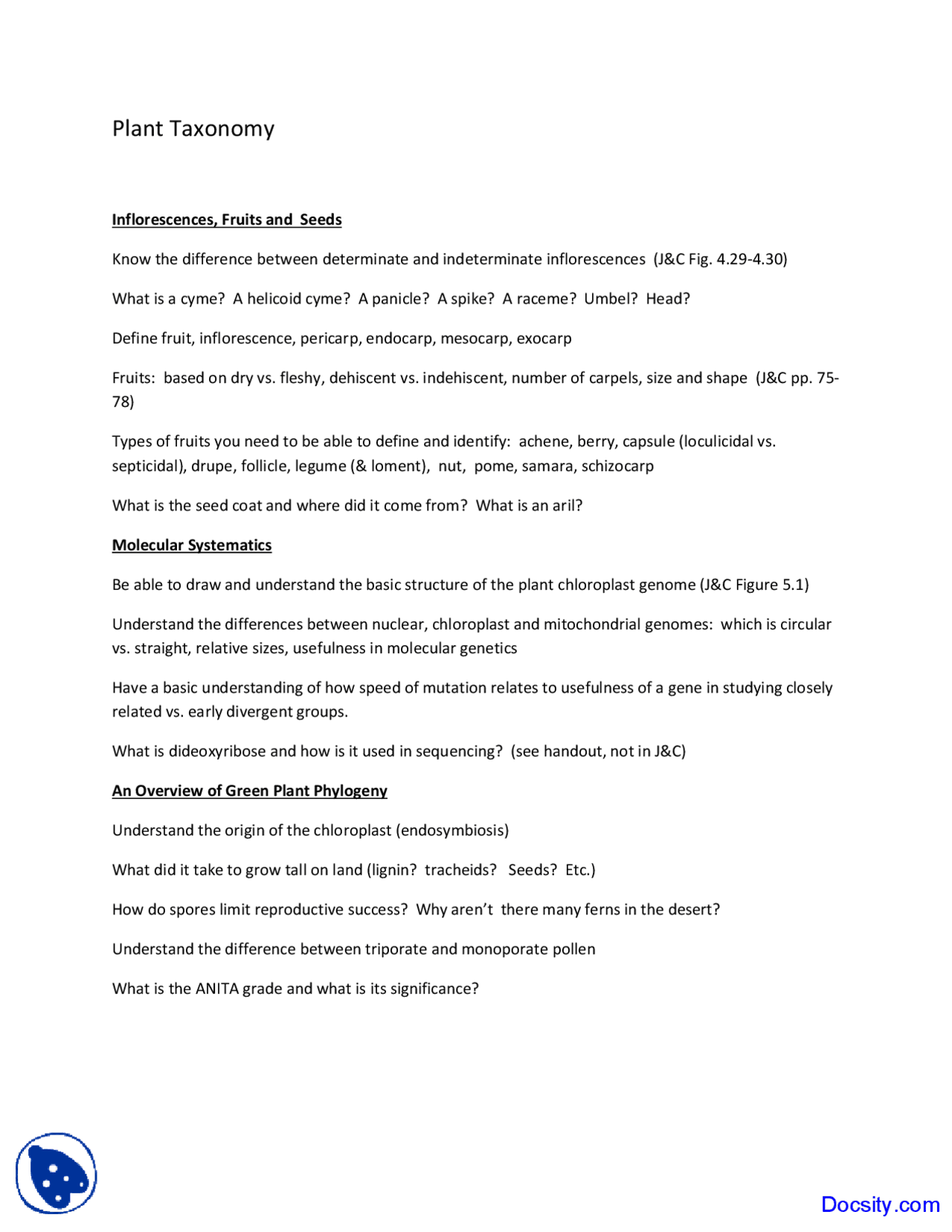 Inflorescences Fruits And Seeds Plant Taxonomy Lecture Notes