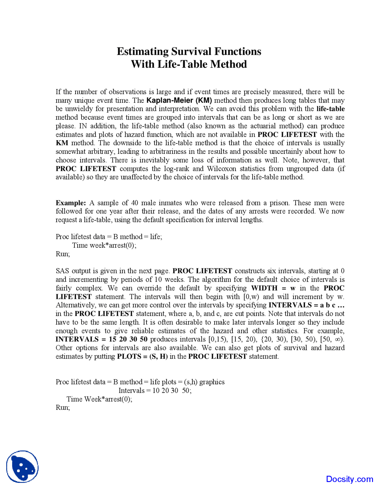 Estimating Survival Functions Survival Analysis Lecture Notes Docsity