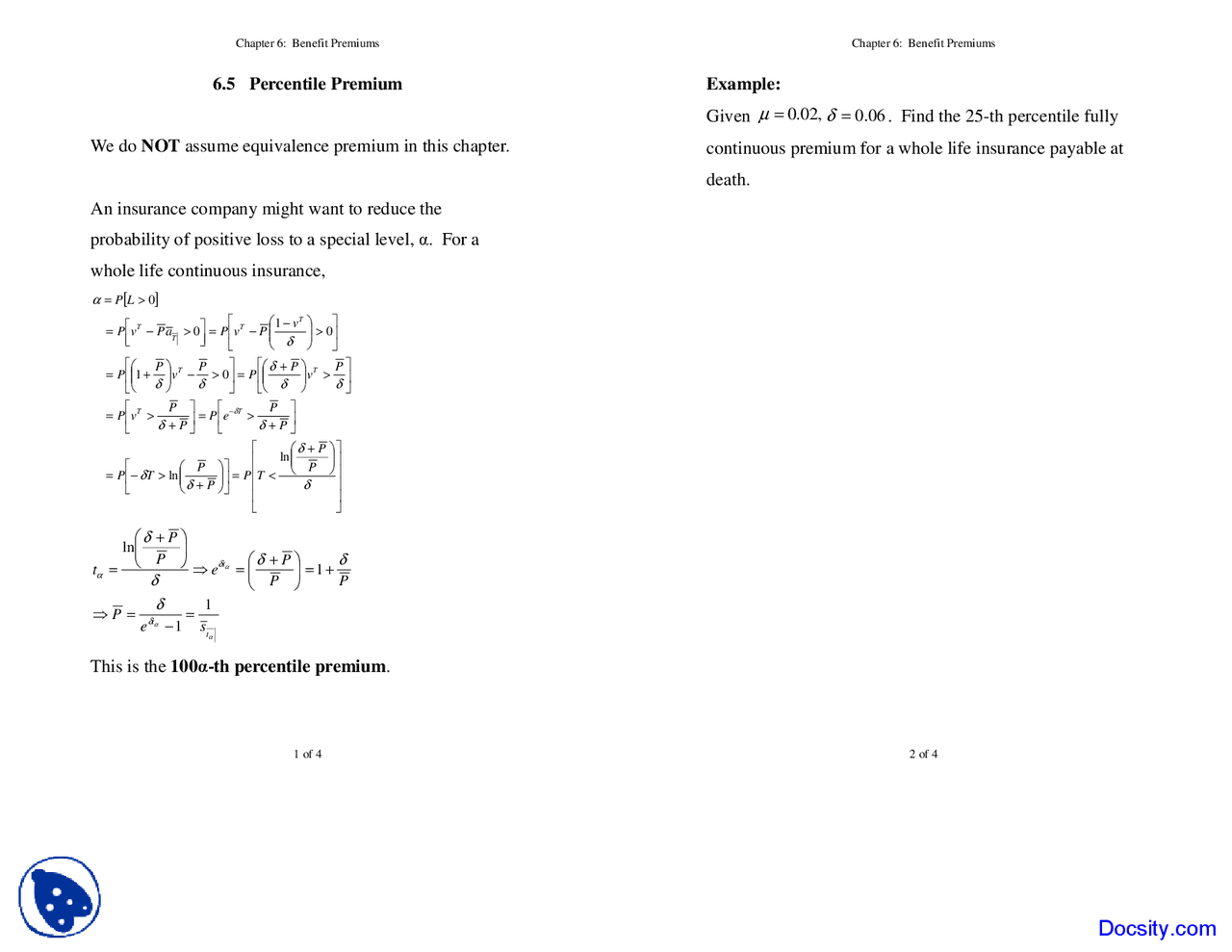 Percentile Premium - Life Contingencies - Lecture Notes | Study notes ...