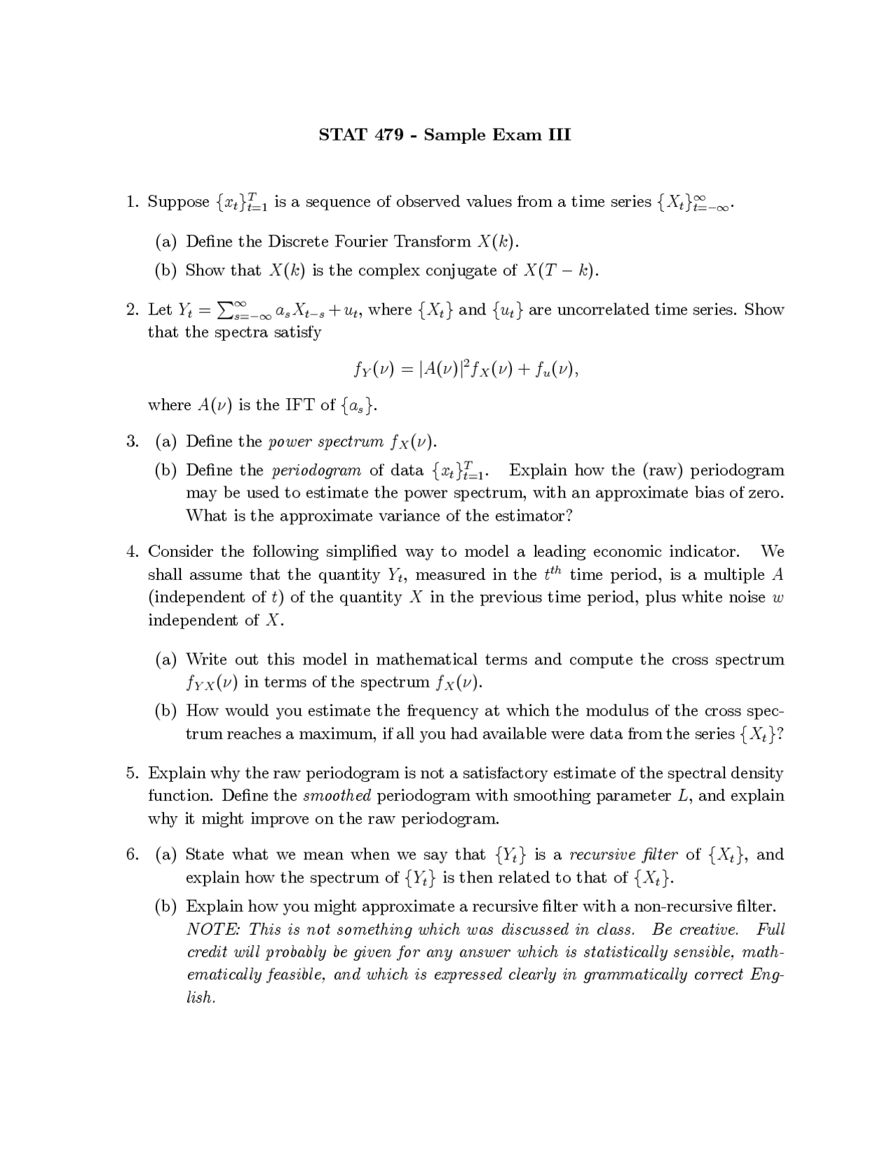 Discrete Fourier Transform Time Series Analysis Exam Docsity