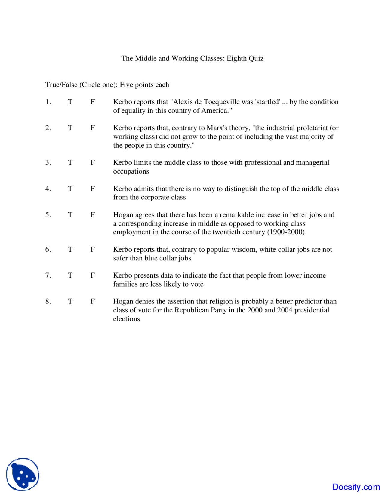 Middle And Working Classes Social Stratification Quiz Docsity