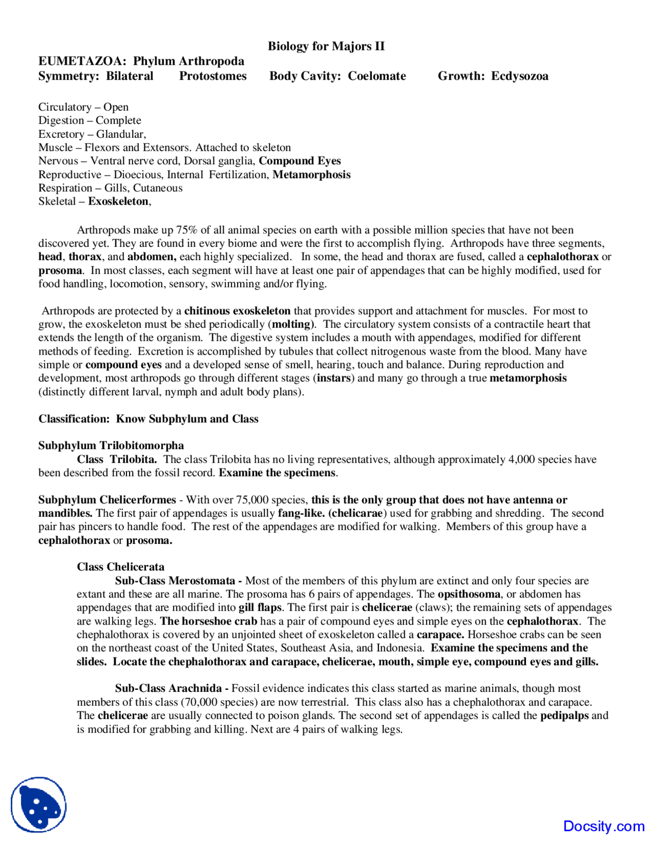 Phylum Arthropoda - Animal Form, Function and Diversity - Lab Handout ...