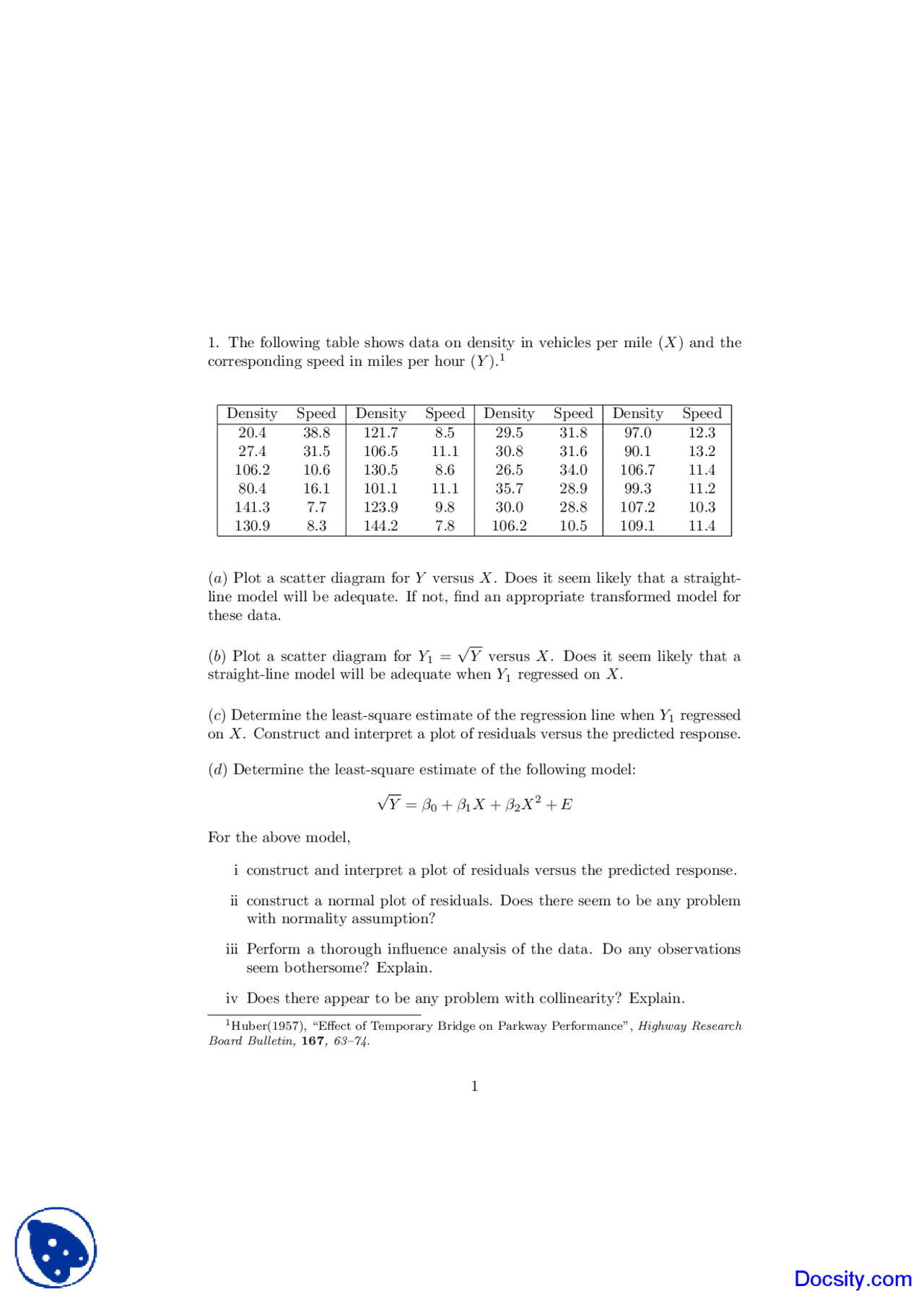 Density In Vehicles Applied Regression Analysis Assignment Docsity