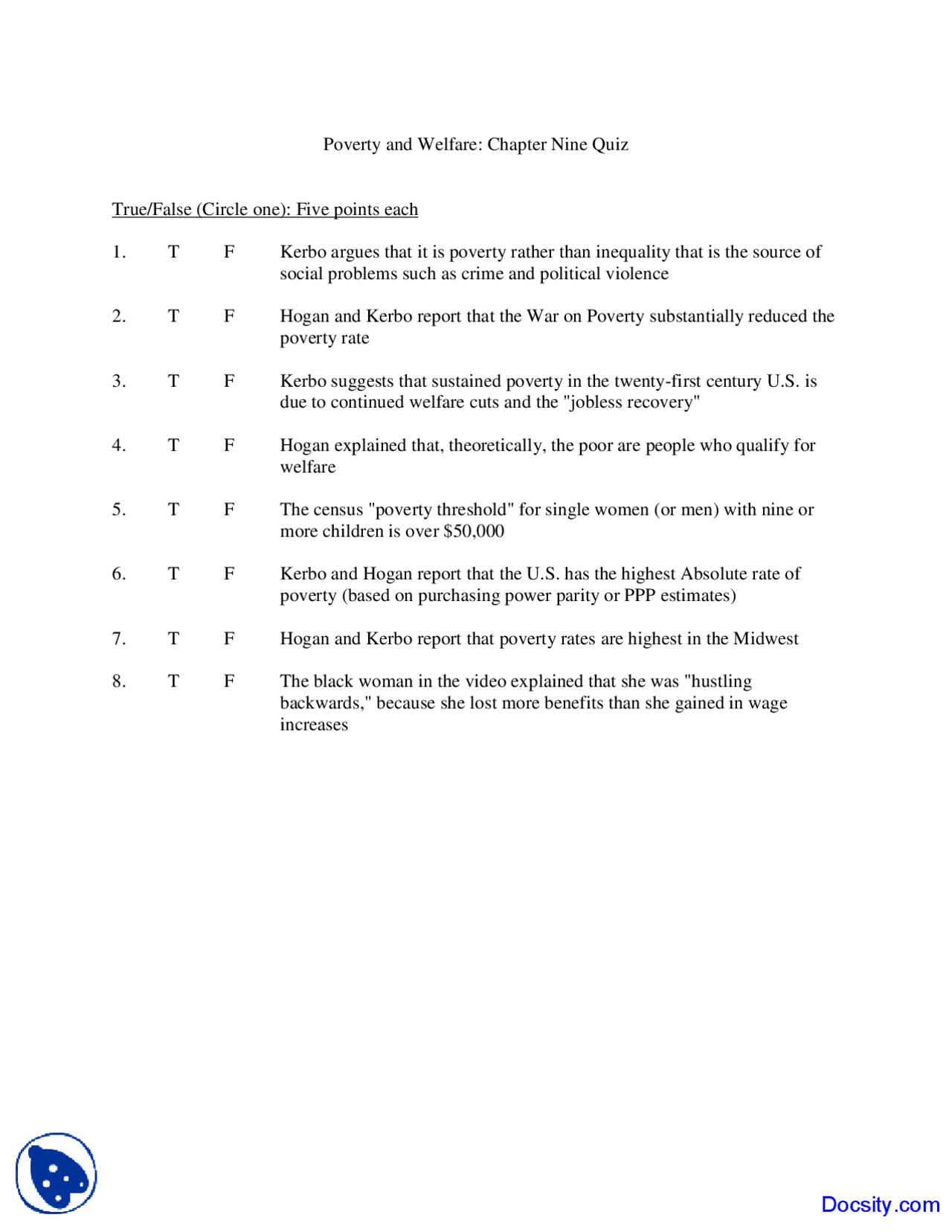 Poverty And Welfare Social Stratification Quiz Docsity