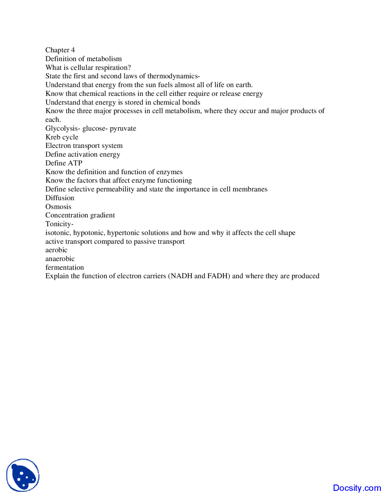 Definition Of Metabolism Basic Biology Quiz Docsity