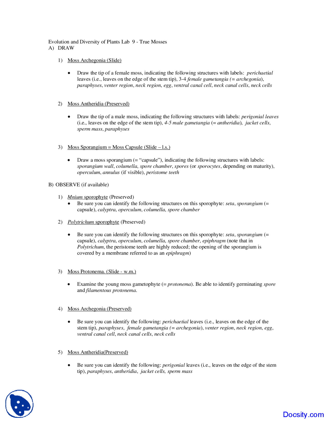 True Mosses Evolution And Diversity Of Plants Lab Manual Docsity