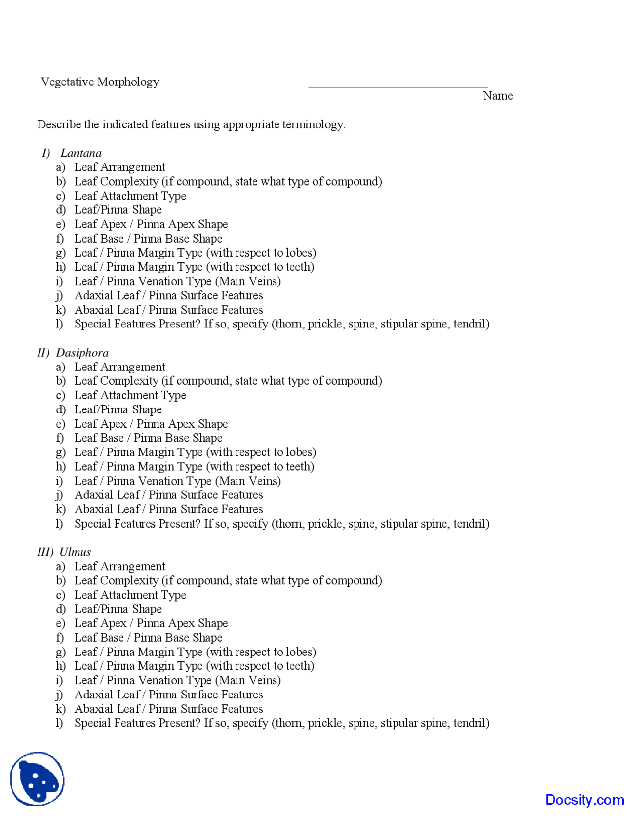 Vegetative Morphology - Dendrology - Quiz - Docsity
