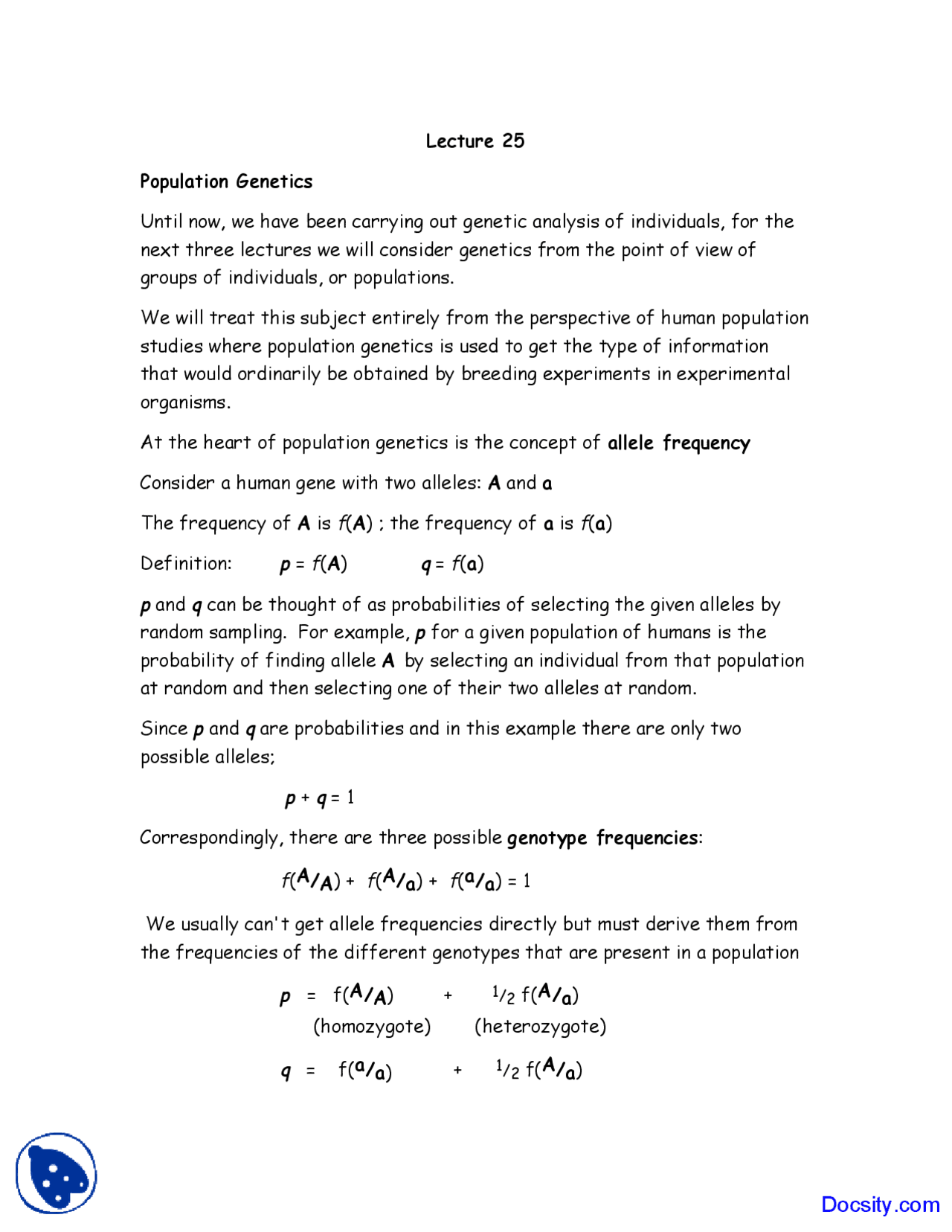 Population Genetics Cell Biology Lecture Notes Docsity