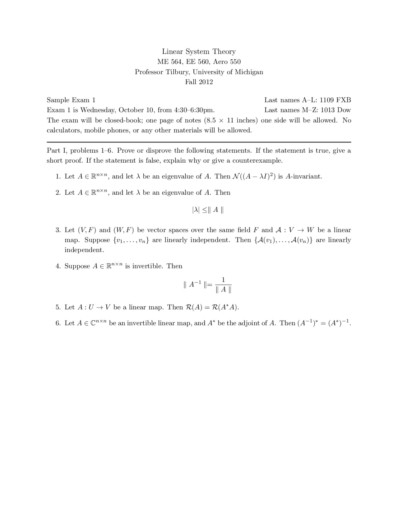 Linear System Theory - Practice Exam 1 - Fall 2012 | EECS 560 - Docsity