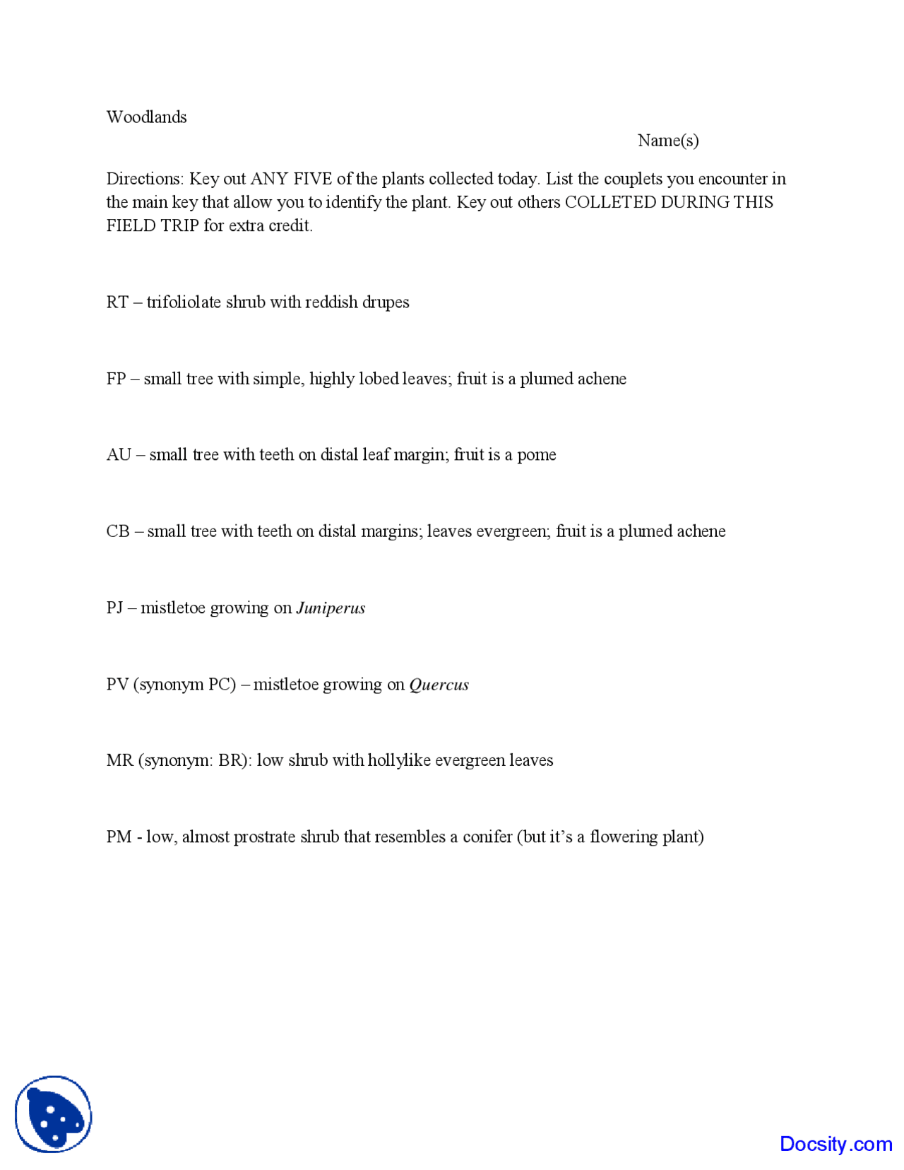 Woodlands - Dendrology - Quiz - Docsity
