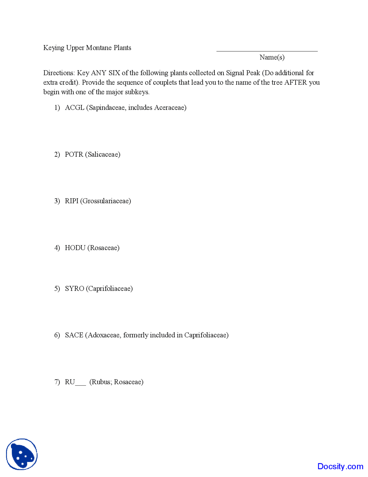 Keying Upper Montane Plants - Dendrology - Quiz - Docsity