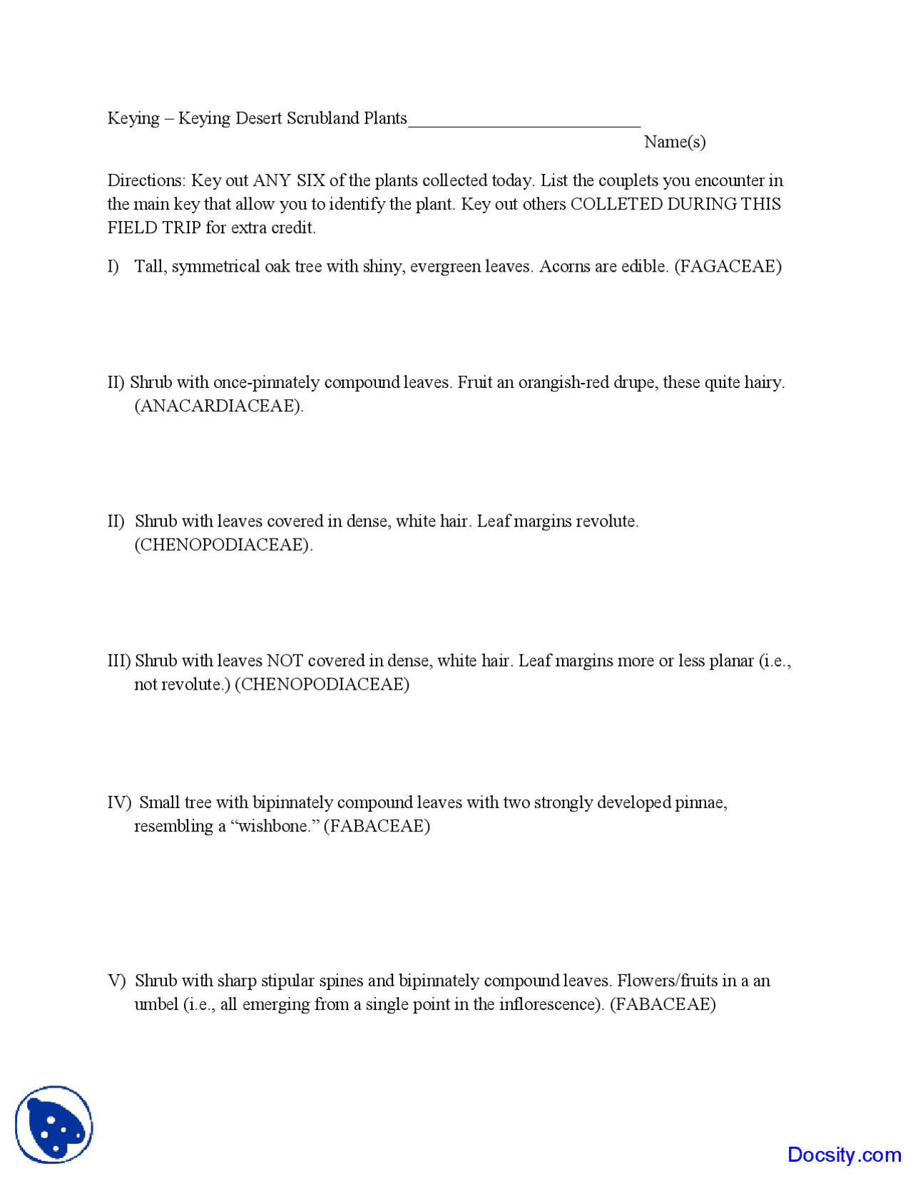 Keying Desert Scrubland Plants - Dendrology - Quiz - Docsity