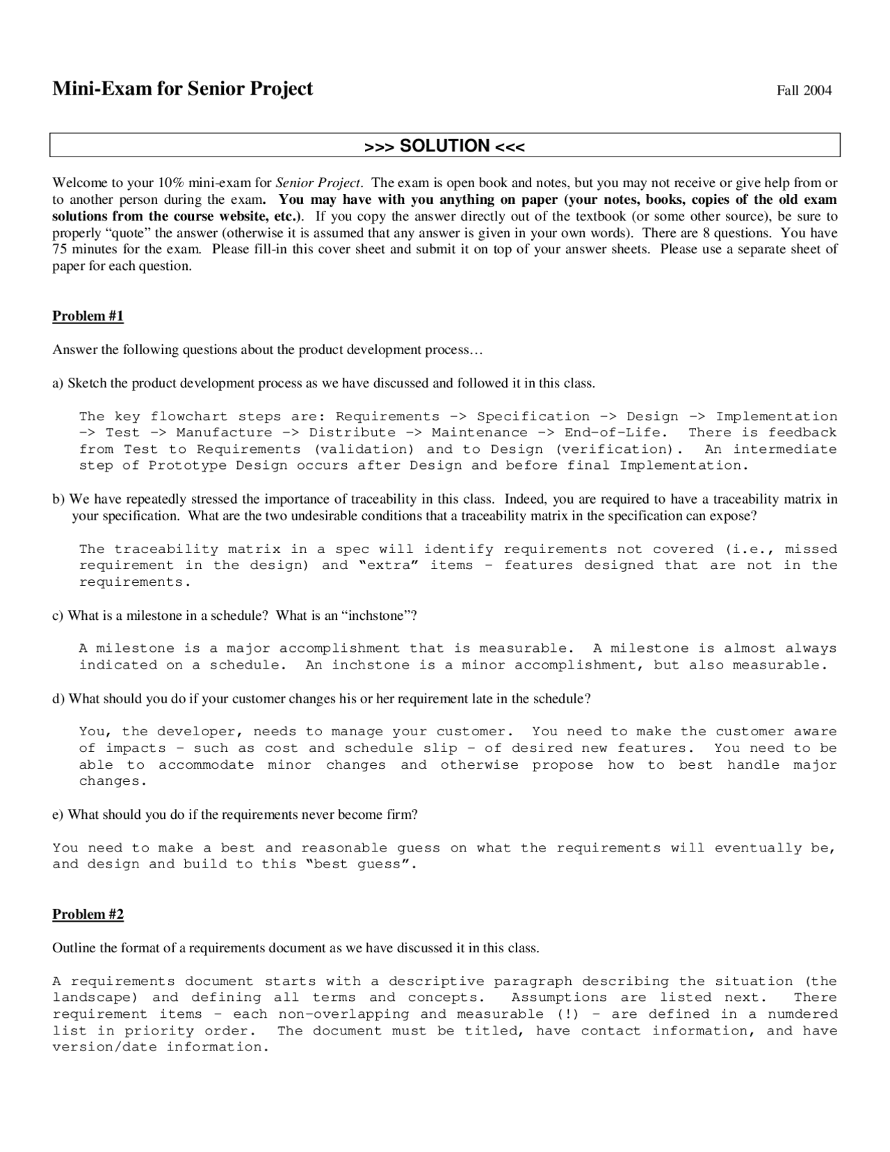 Mini Exam for Senior Project Solutions - Fall 2004 | CIS 4910 - Docsity