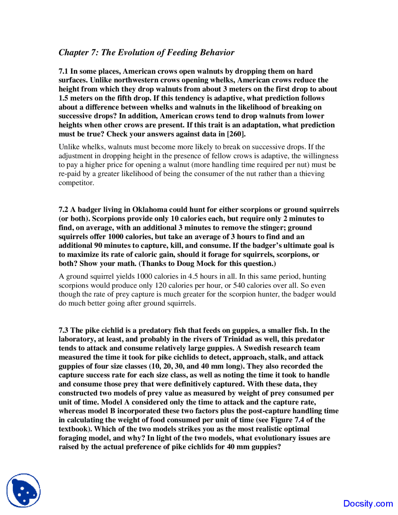 Evolution of Feeding Behavior - Behavior of Animal - Solved Quiz - Docsity