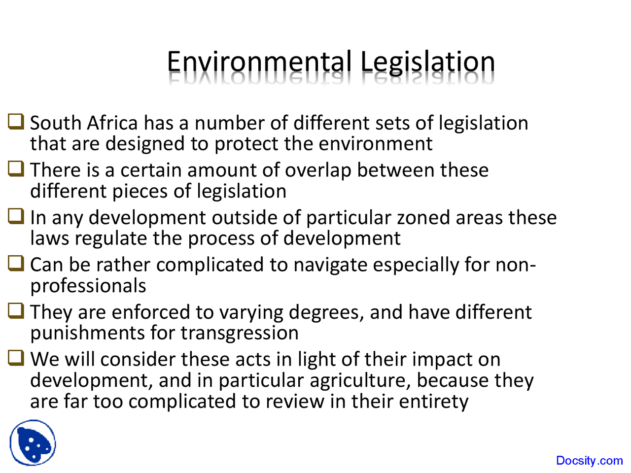 Environmental Legislation Conservation Biology Lecture Slides Docsity