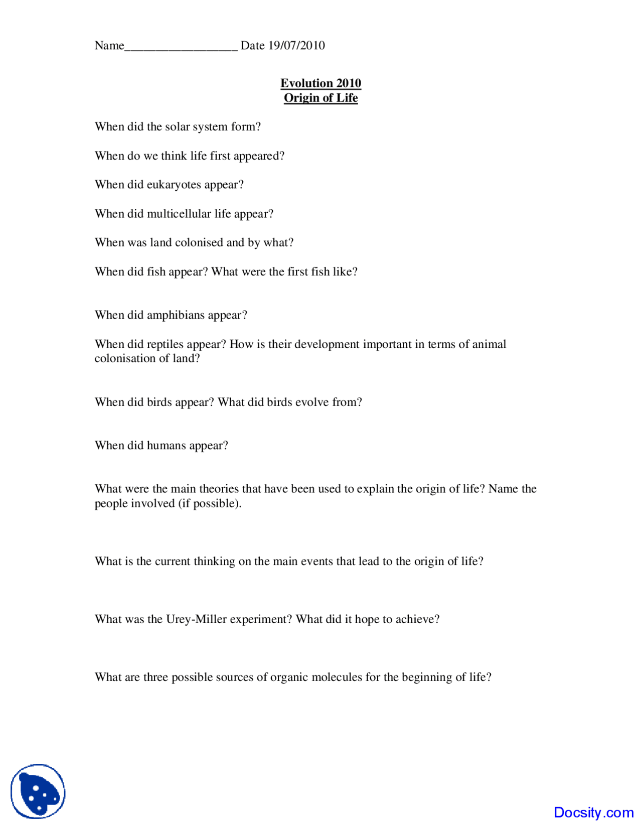 Origin Of Life Introduction To Evolution Quiz Docsity