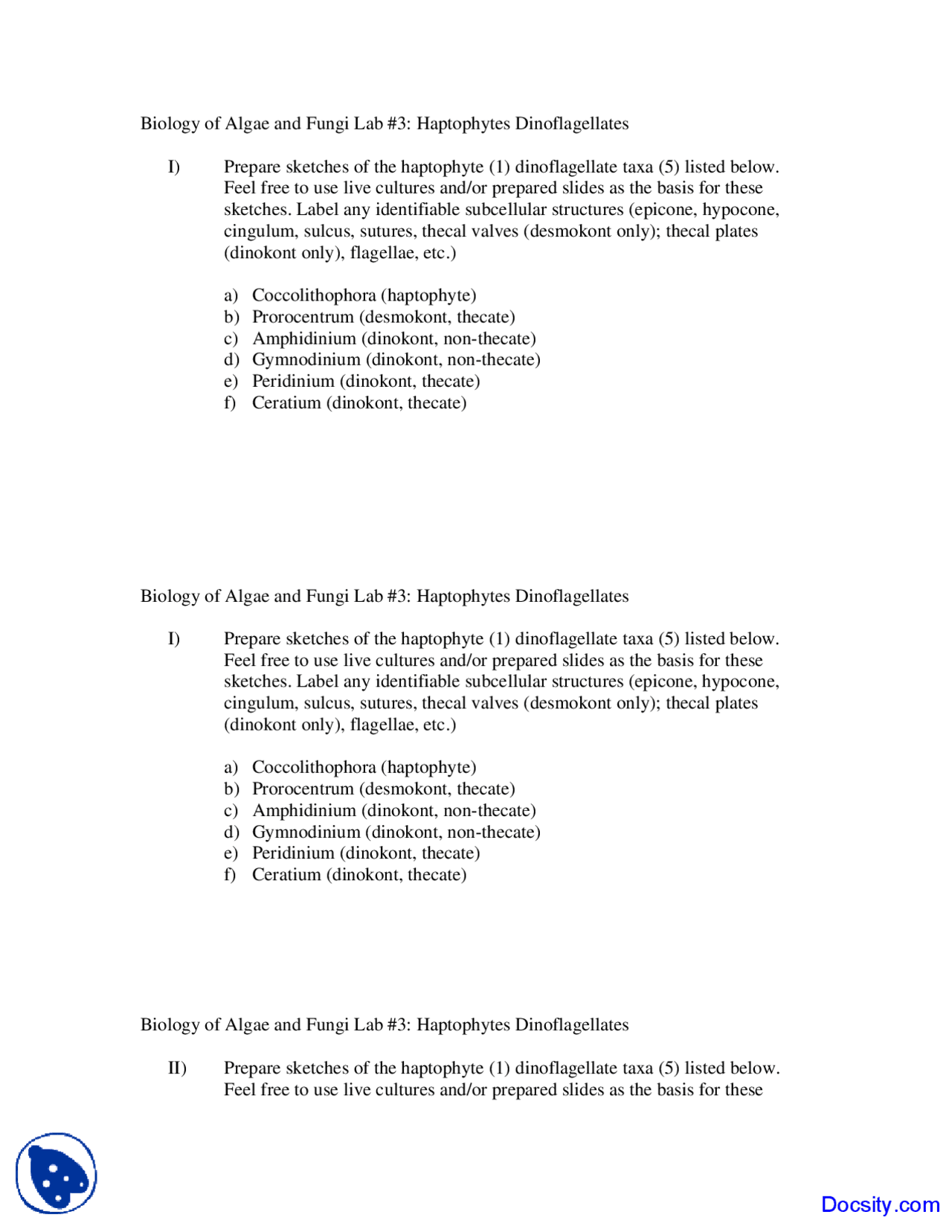Haptophytes and Dinoflagellates - Biology of Algae and Fungi - Lab ...