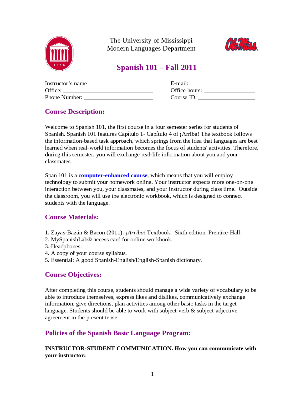 Course Materials for Elementary Spanish I | Span 101 - Docsity