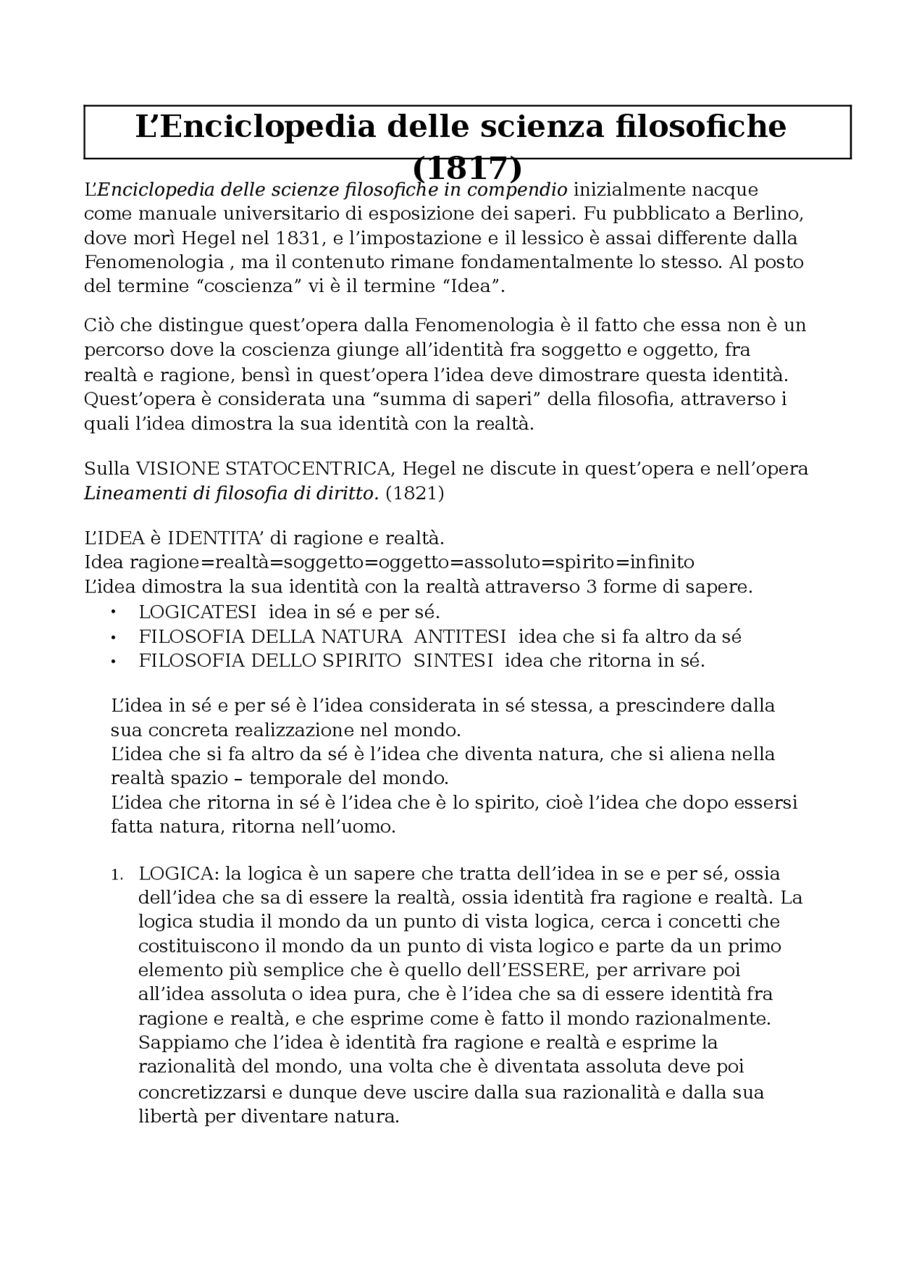 Hegel Lenciclopedia Delle Scienze Filosofiche Docsity