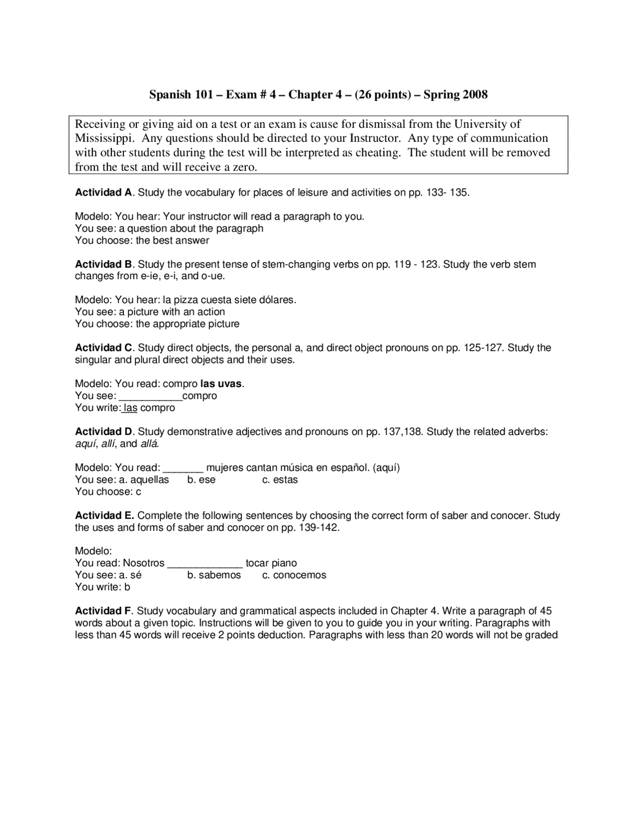 Study Guide Exam 4 - Elementary Spanish I | Span 101 - Docsity