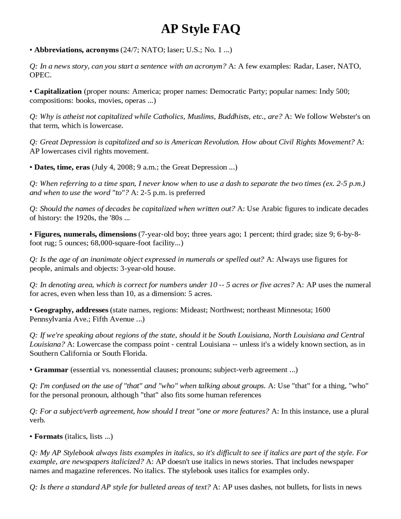 AP Style FAQ - Editing - Lecture Notes | Jour 379 - Docsity
