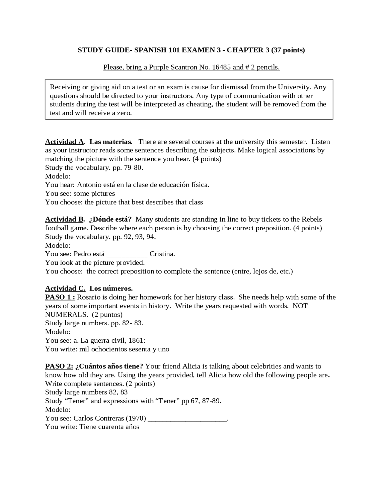Study Guide Exam 3 for Elementary Spanish I | Span 101 | Study notes ...