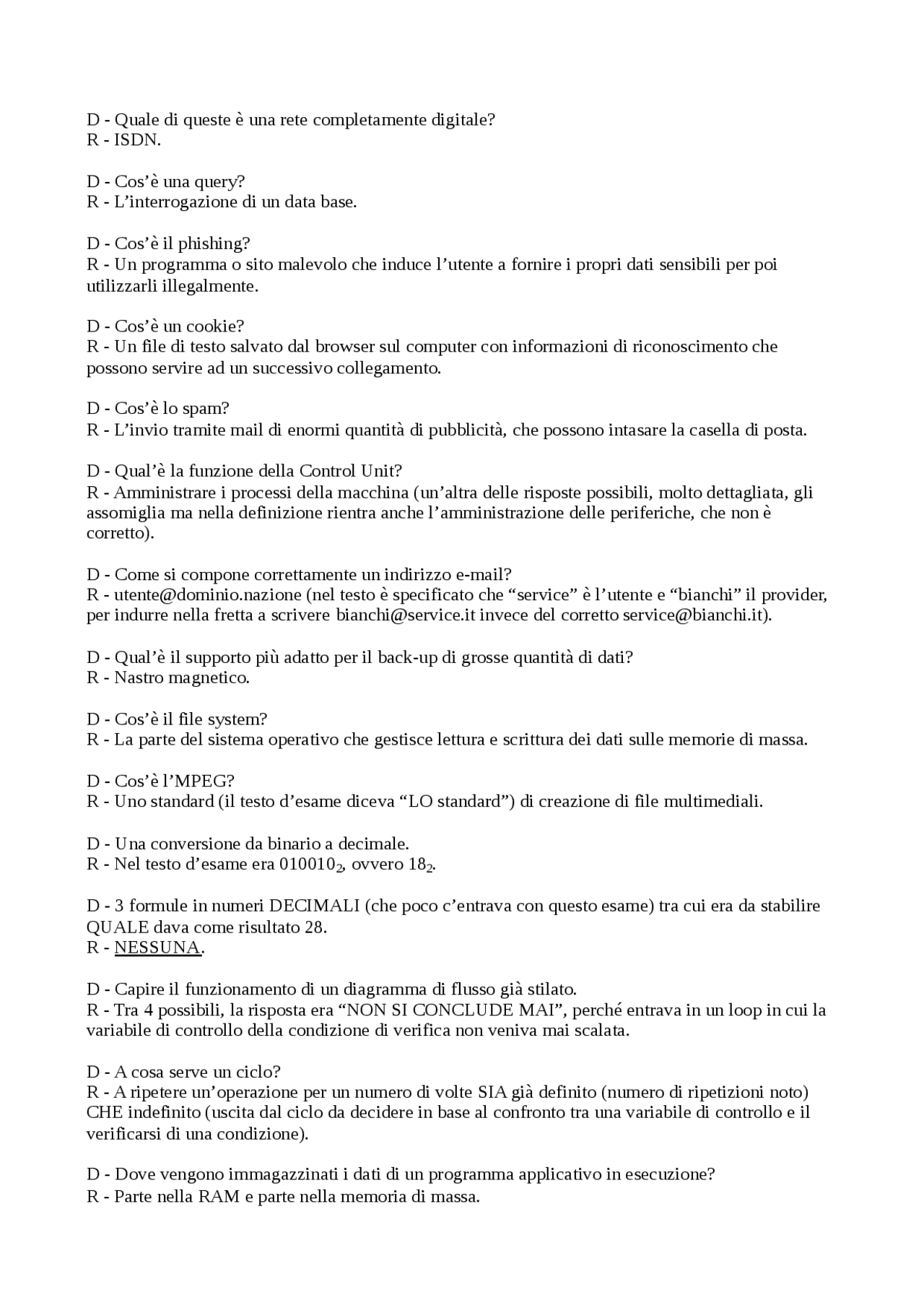 Abilità Informatica Domande E Risposte Elementi Di Informatica