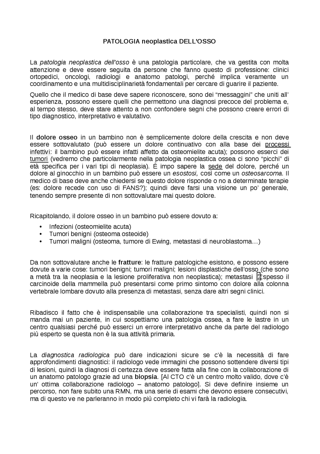 Patologia neoplastica dell'osso - Appunti - Anatomia Patologica - Docsity