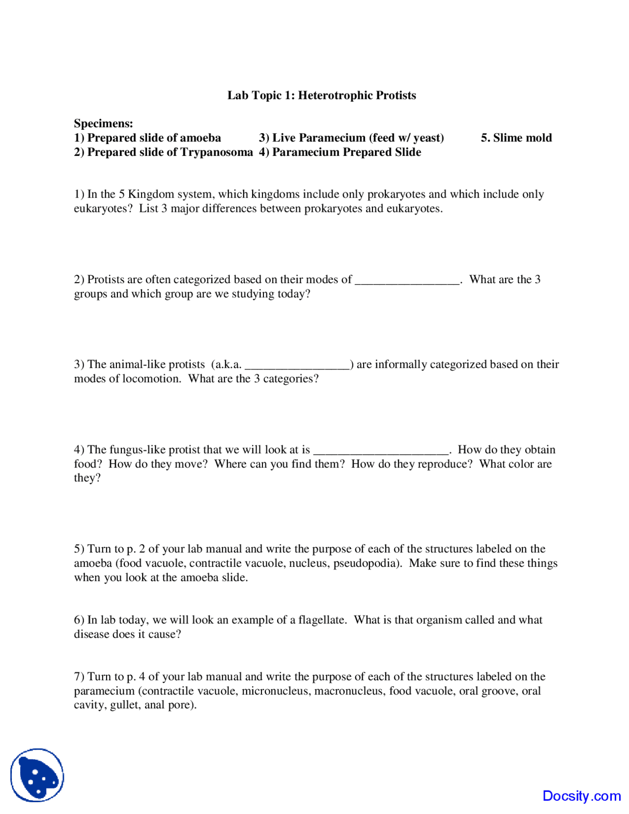 Heterotrophic Protists Biology Of Organisms Lecture Handouts Docsity