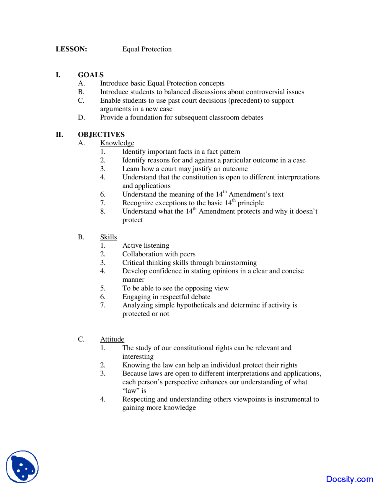 Equal Protection - Individual Rights - Lecture Notes - Docsity