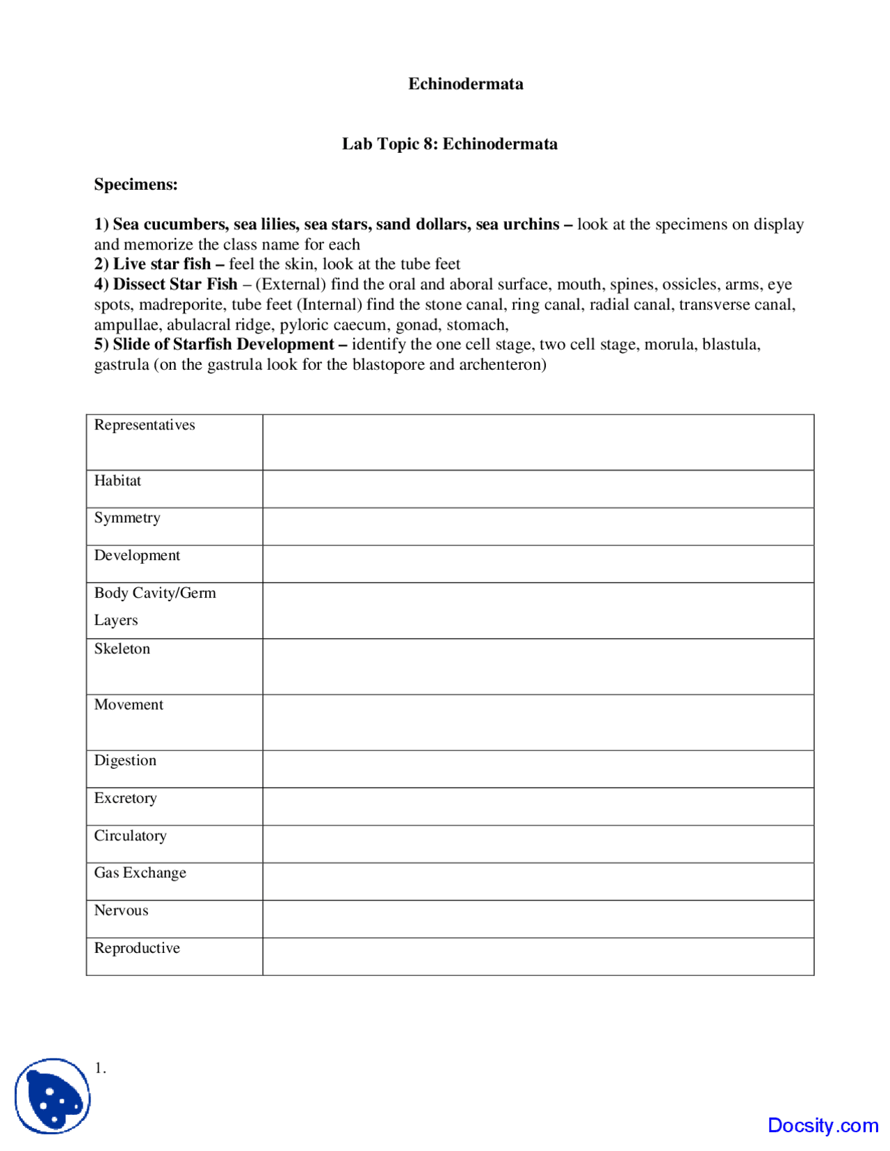 Echinodermata Biology Of Organisms Lecture Handouts Docsity