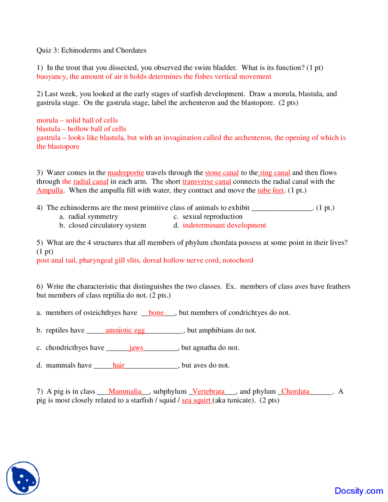 Echinoderms And Chordates Biology Of Organisms Solved Quiz Docsity