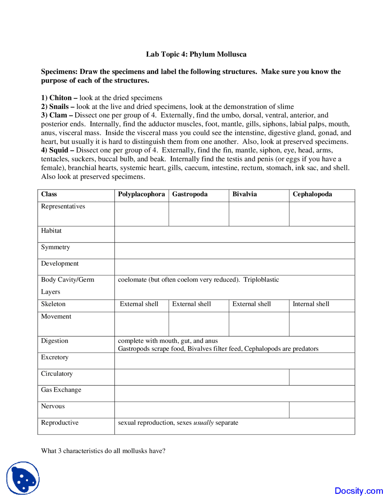 Phylum Mollusca - Biology of Organisms - Lecture Handouts - Docsity