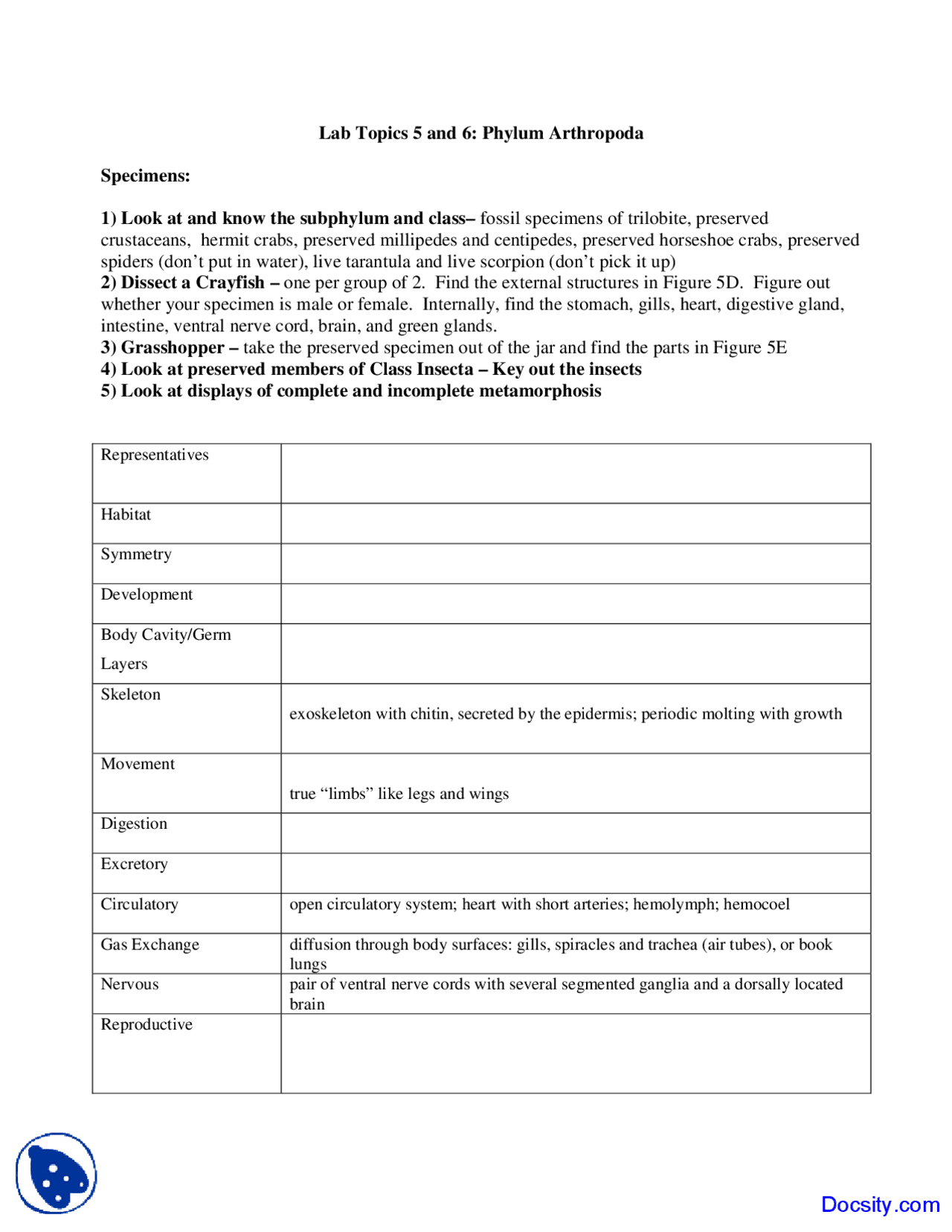 Phylum Arthropoda Biology Of Organisms Lecture Handouts Docsity