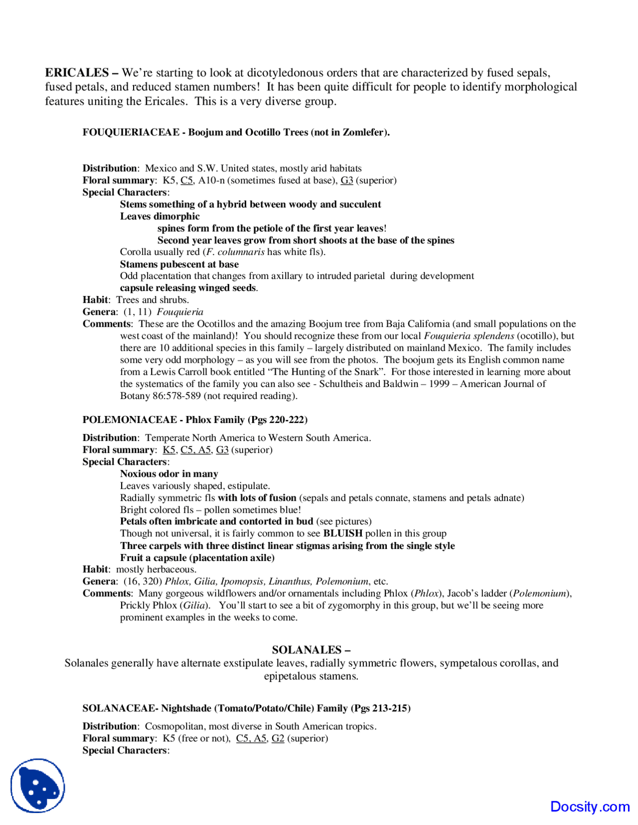 Solanales and Ericales - Plant Taxonomy and Systematics - Lecture Notes ...