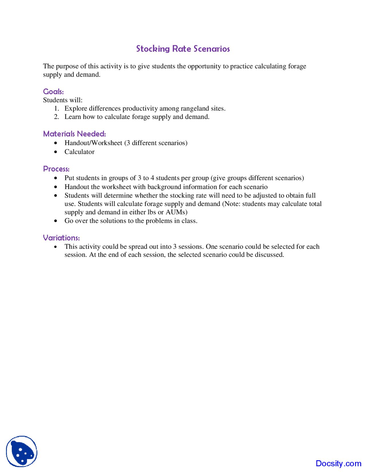 Stocking Rate Scenarios Rangeland Principles Exercise Docsity