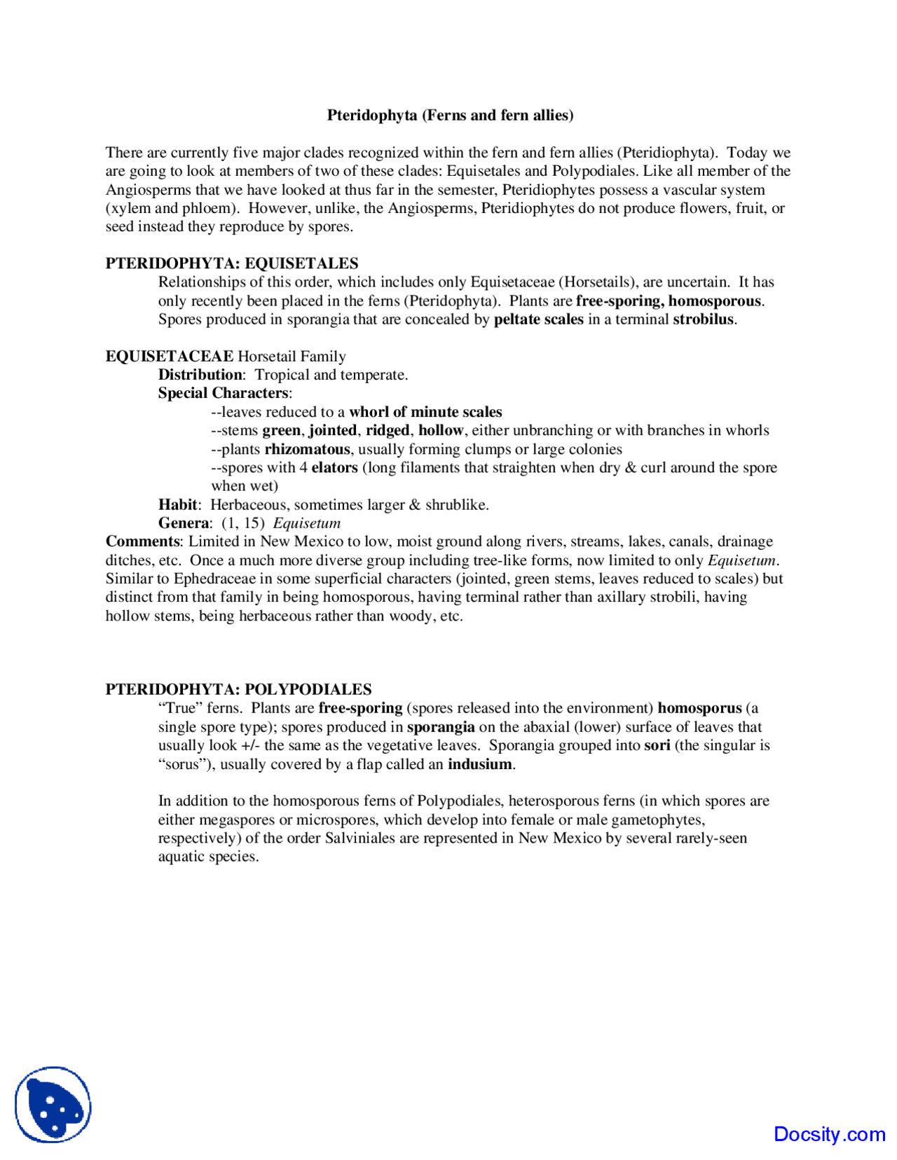 Pteridophyta Plant Taxonomy And Systematics Lecture Notes Docsity